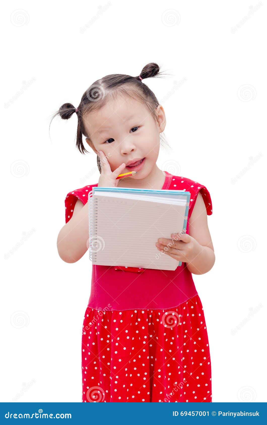 Little Girl Writing on Notebook Over White Stock Image - Image of ...