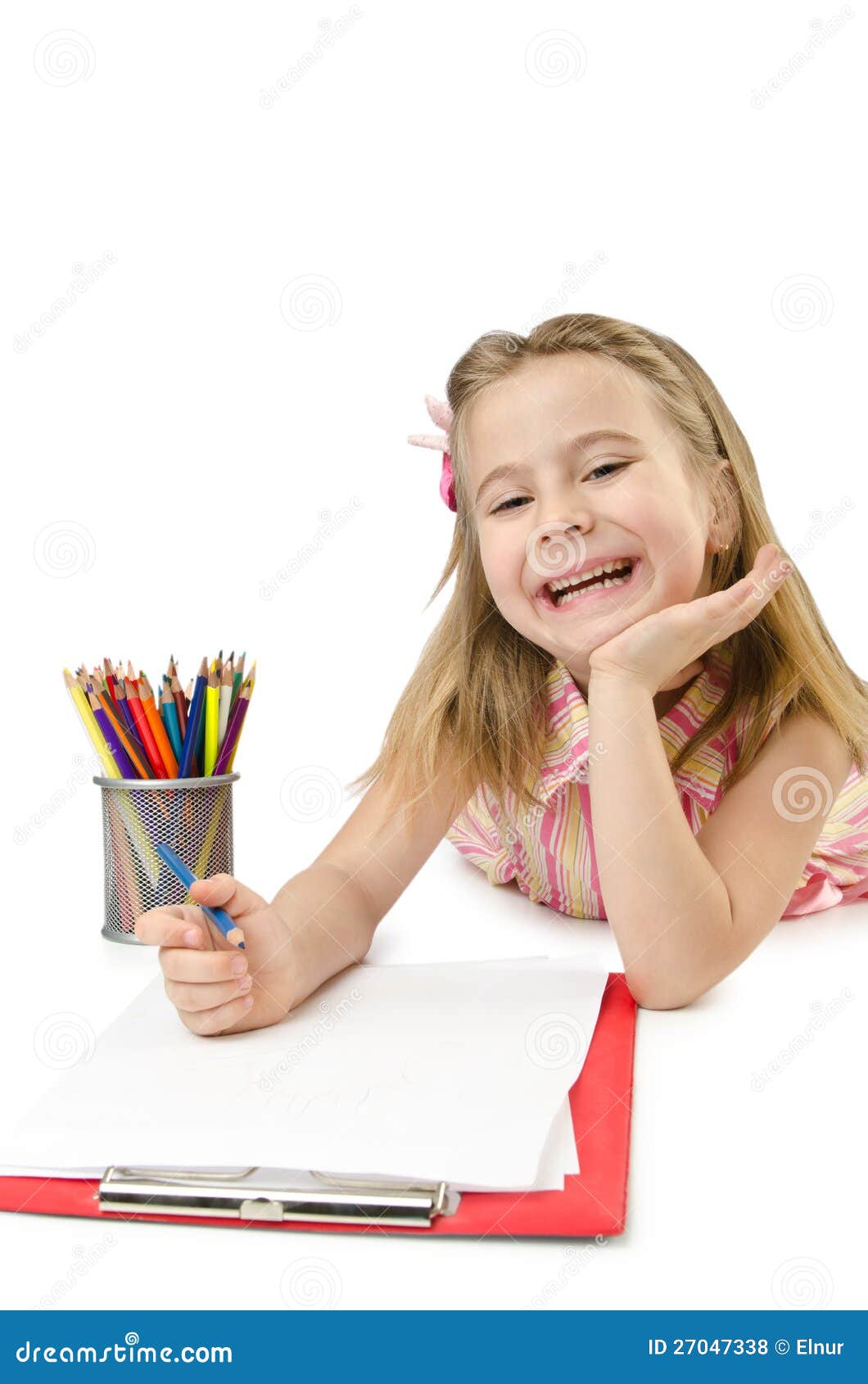 Little Girl Writing with Pencils Stock Photo - Image of childhood ...