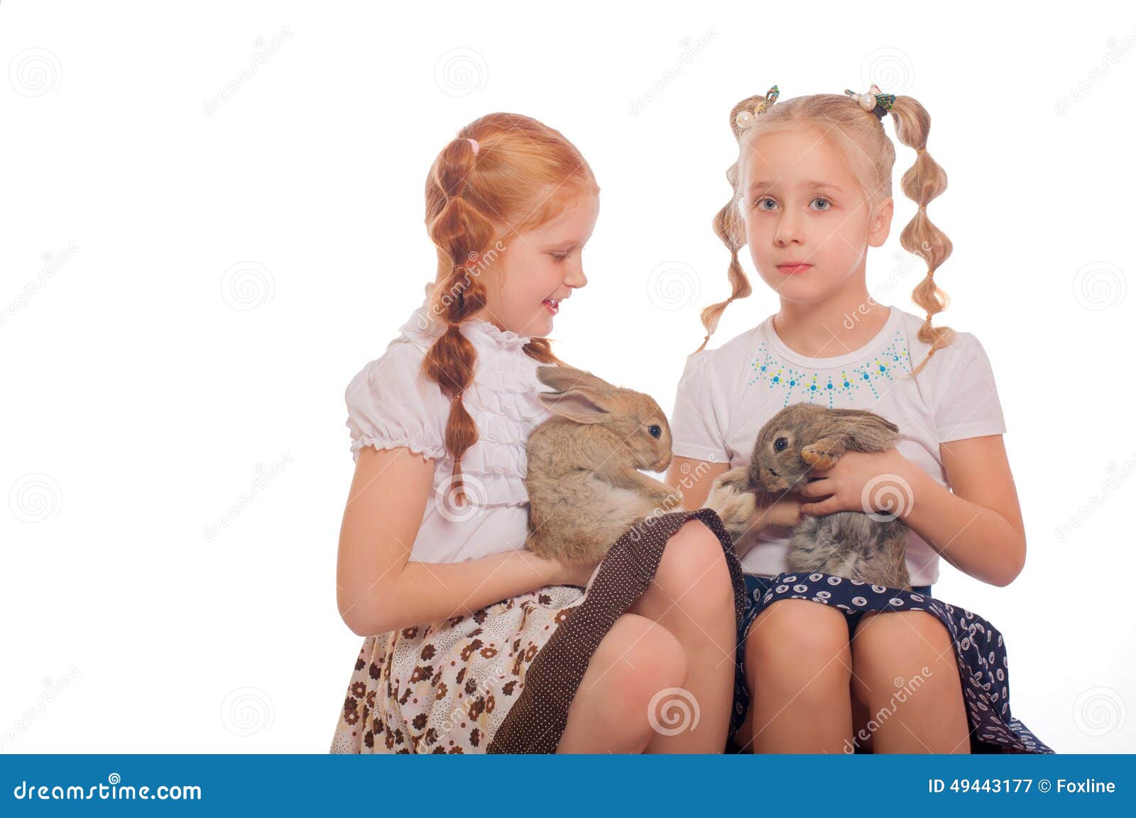 Little Girls with Rabbits in Hands Stock Image - Image of laughing ...