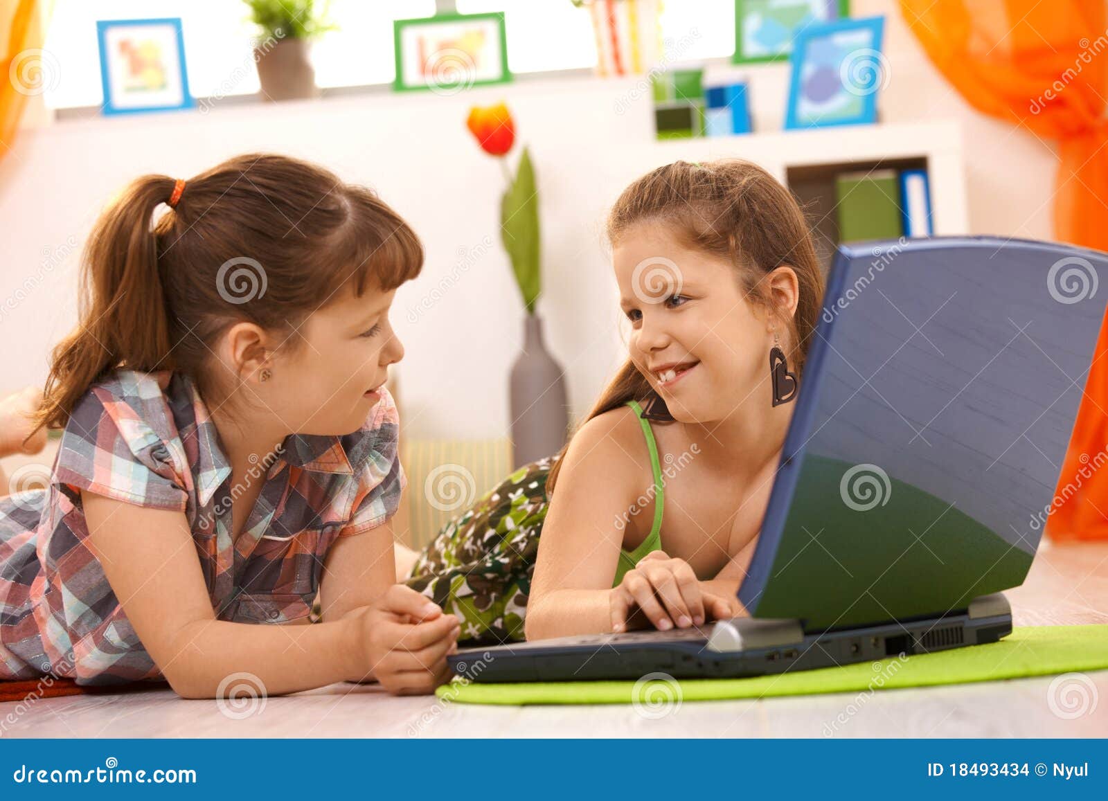 Little Girls Using Computer at Home Stock Photo - Image of american ...