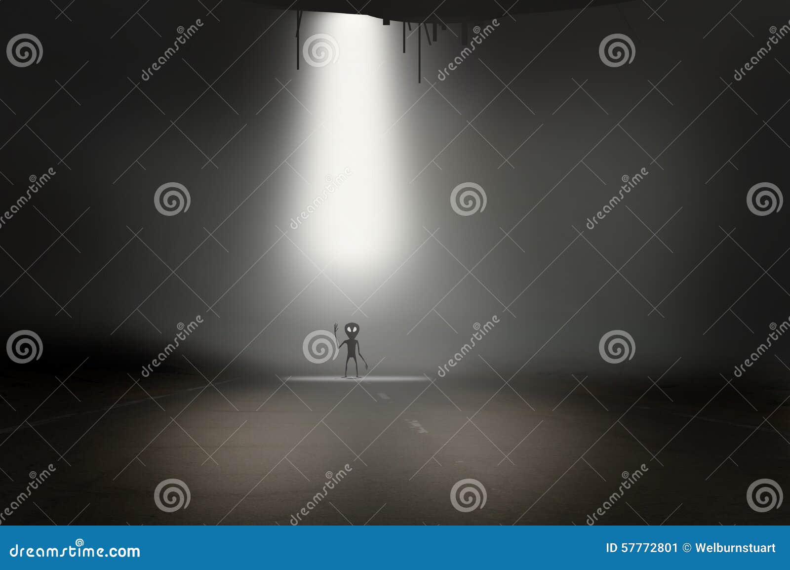 Little Grey Alien in Rays on Road Stock Image - Image of beam, montage ...