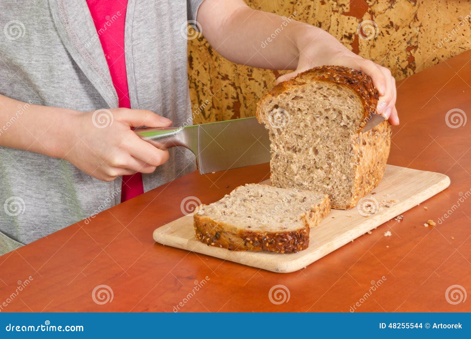 Little Hands Cuts the Bread Stock Photo - Image of domestic, cook: 48255544