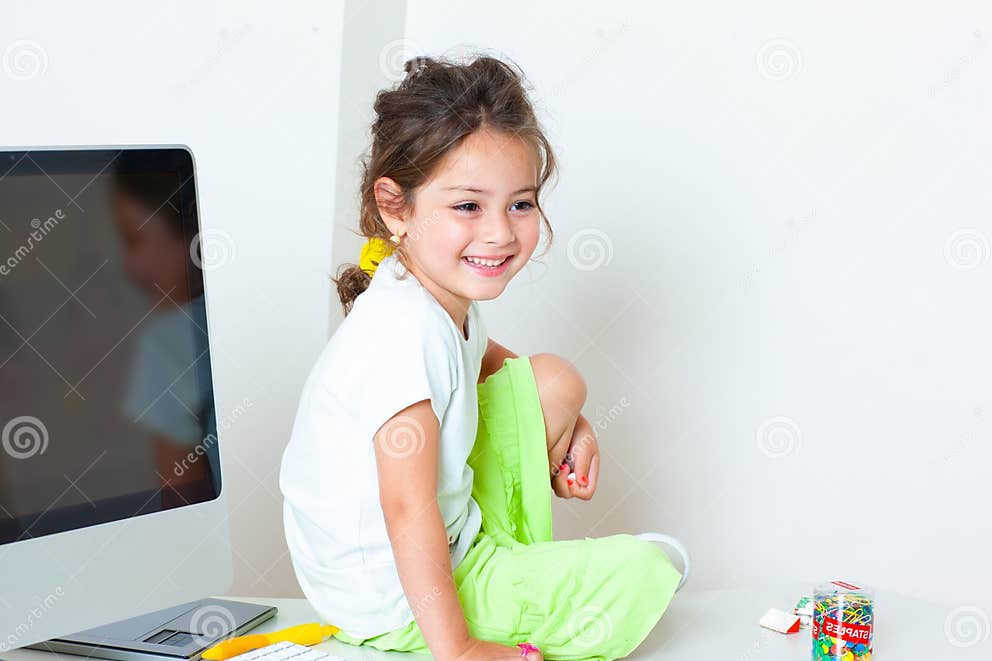 Little Happy Girl in Computer Science Class Stock Image - Image of ...