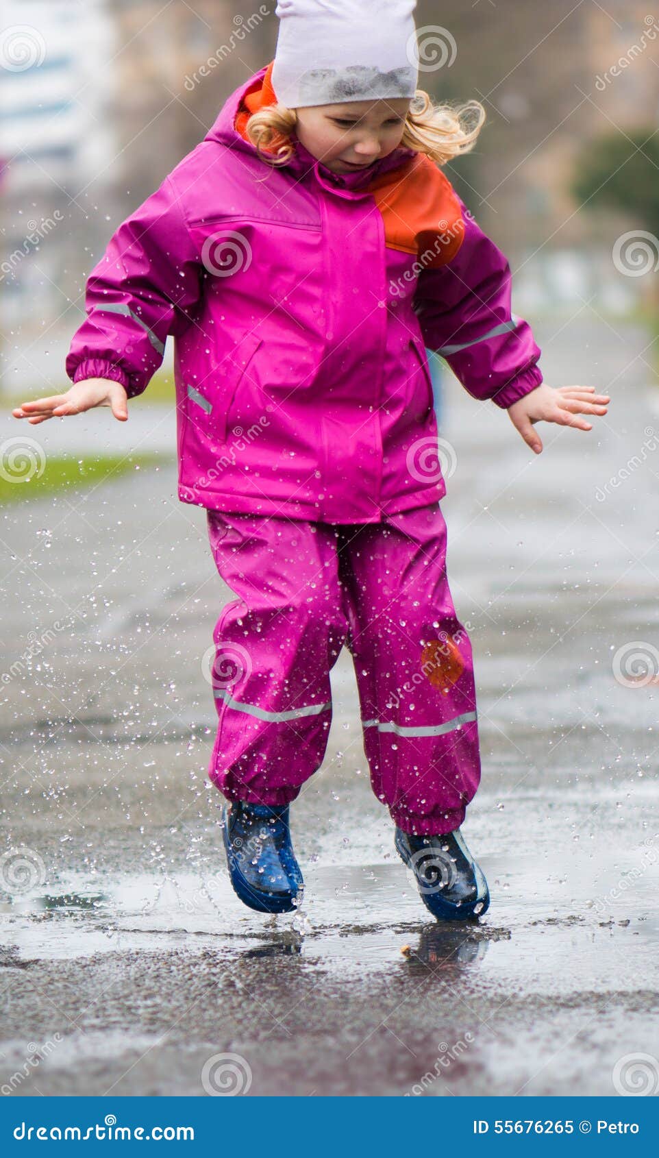 Little Happy Girl Jumping in Puddle Stock Image - Image of autumn ...