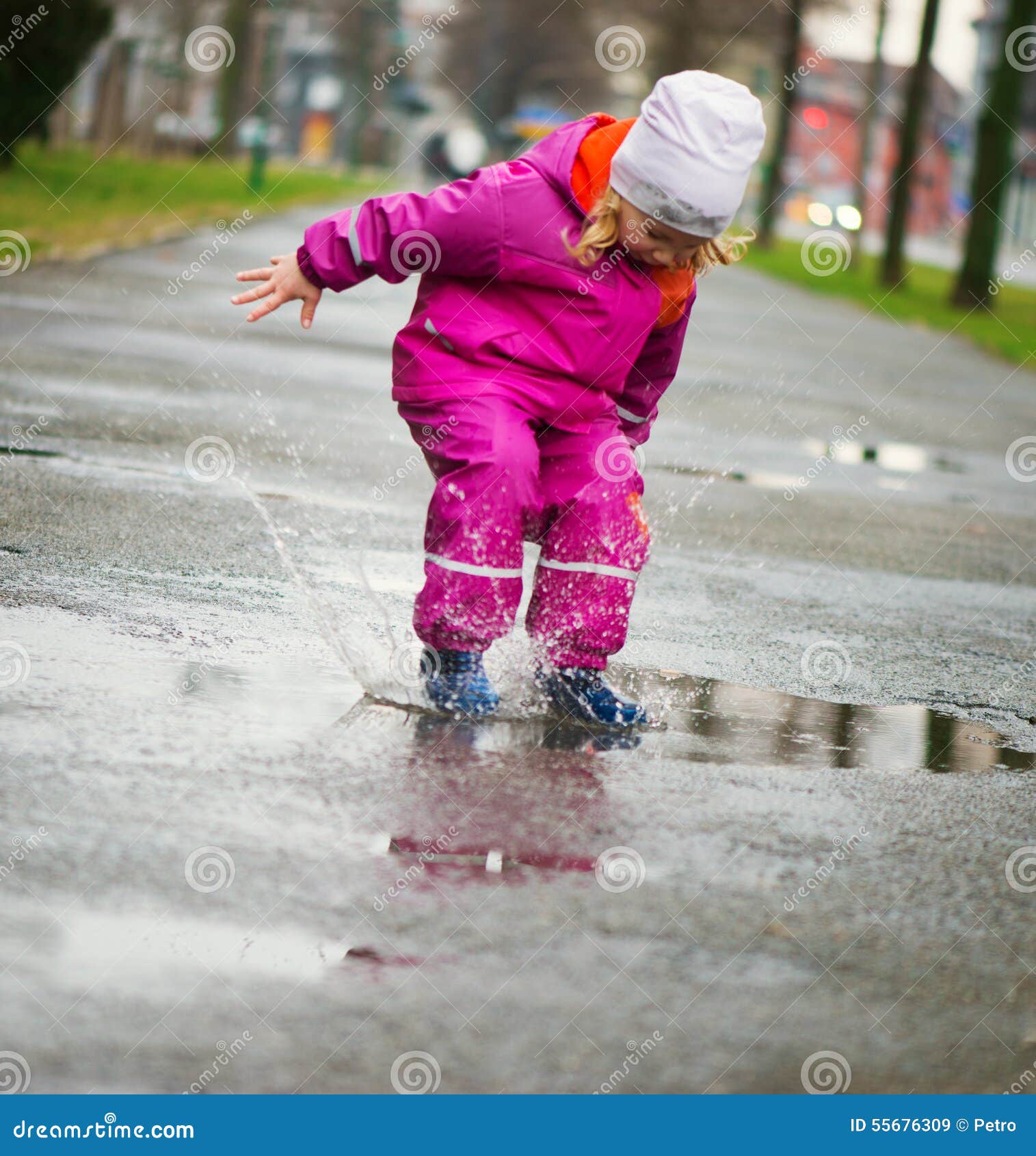 Little Happy Girl Jumping in Puddle Stock Image - Image of preschooler ...