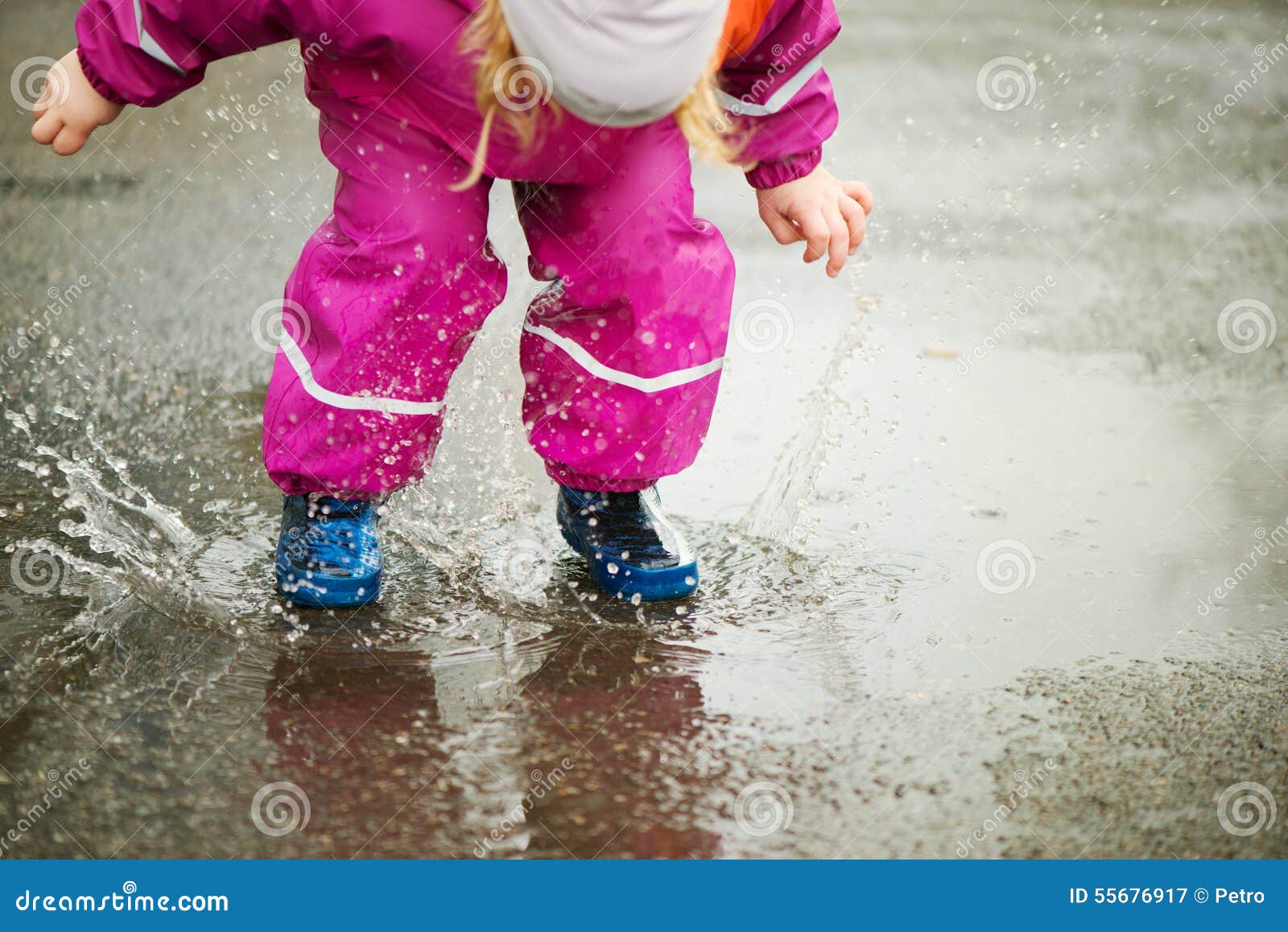 Little Happy Girl Jumping in Puddle Stock Image - Image of city ...