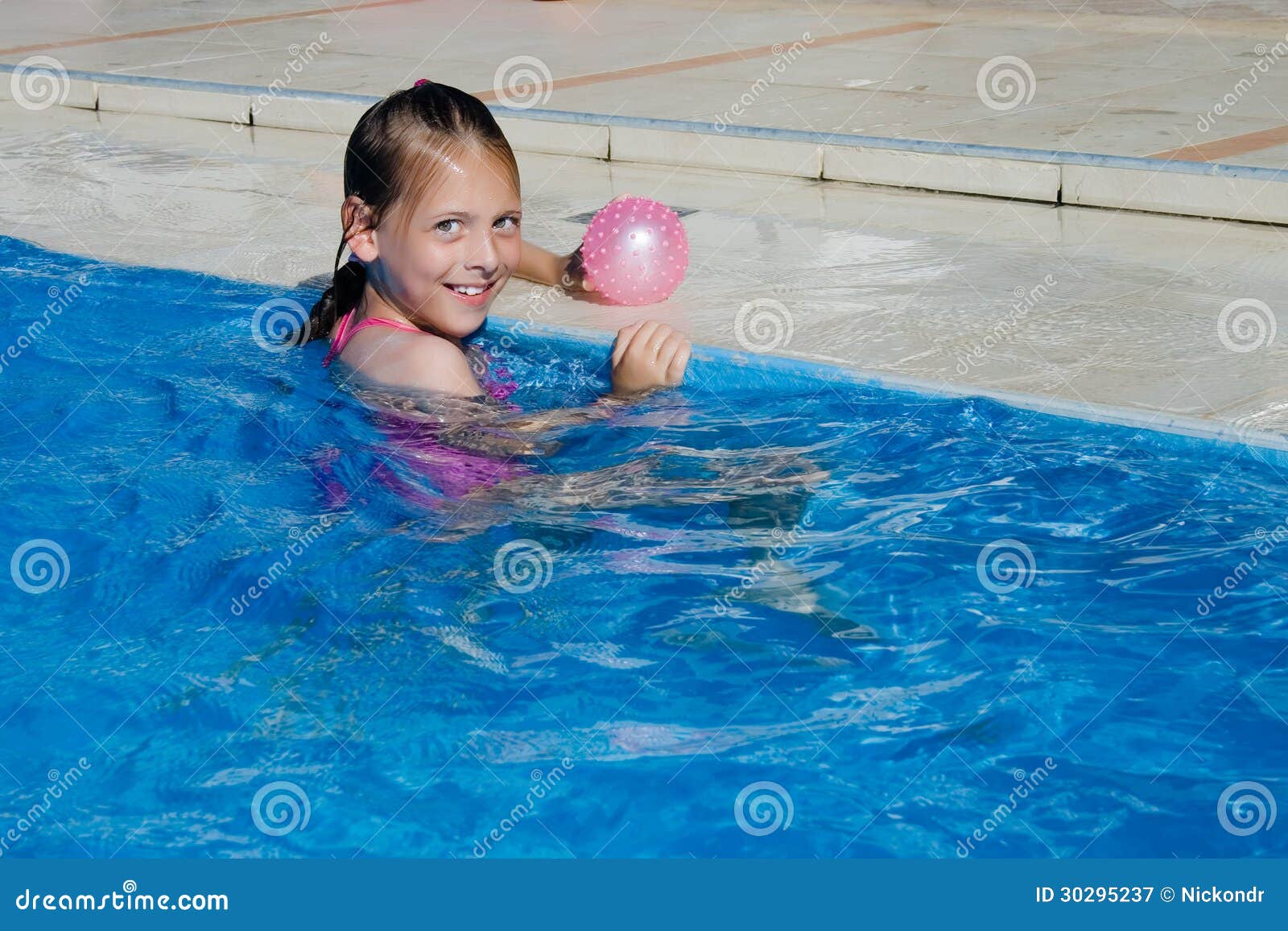Happy Girl in the Pool with Ball Stock Image - Image of exercise, girl ...