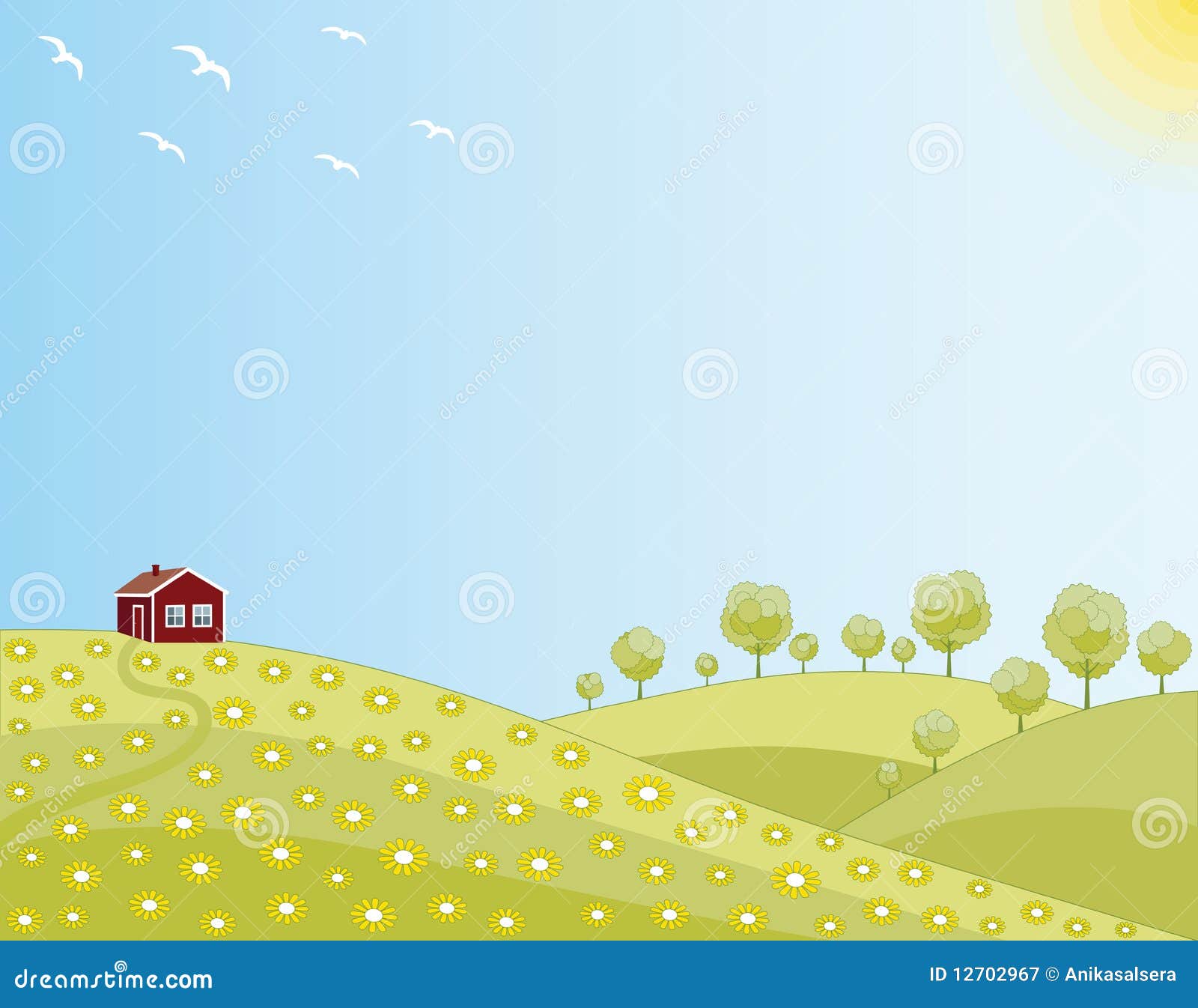 Little House in a Spring Field Stock Vector - Illustration of cabin ...