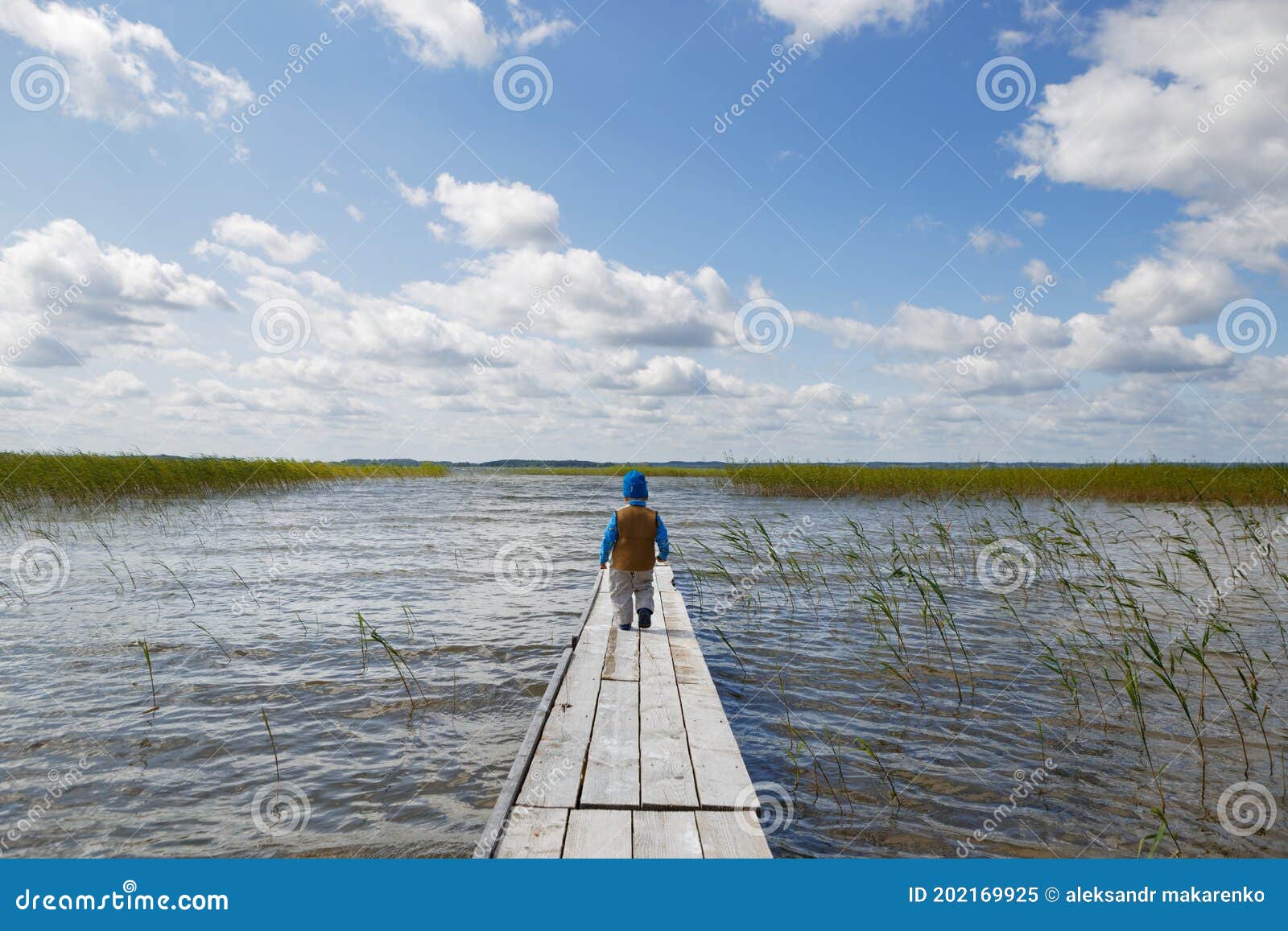 Little Kid Alone on a Wooden Lake Pier Stock Image - Image of alone ...