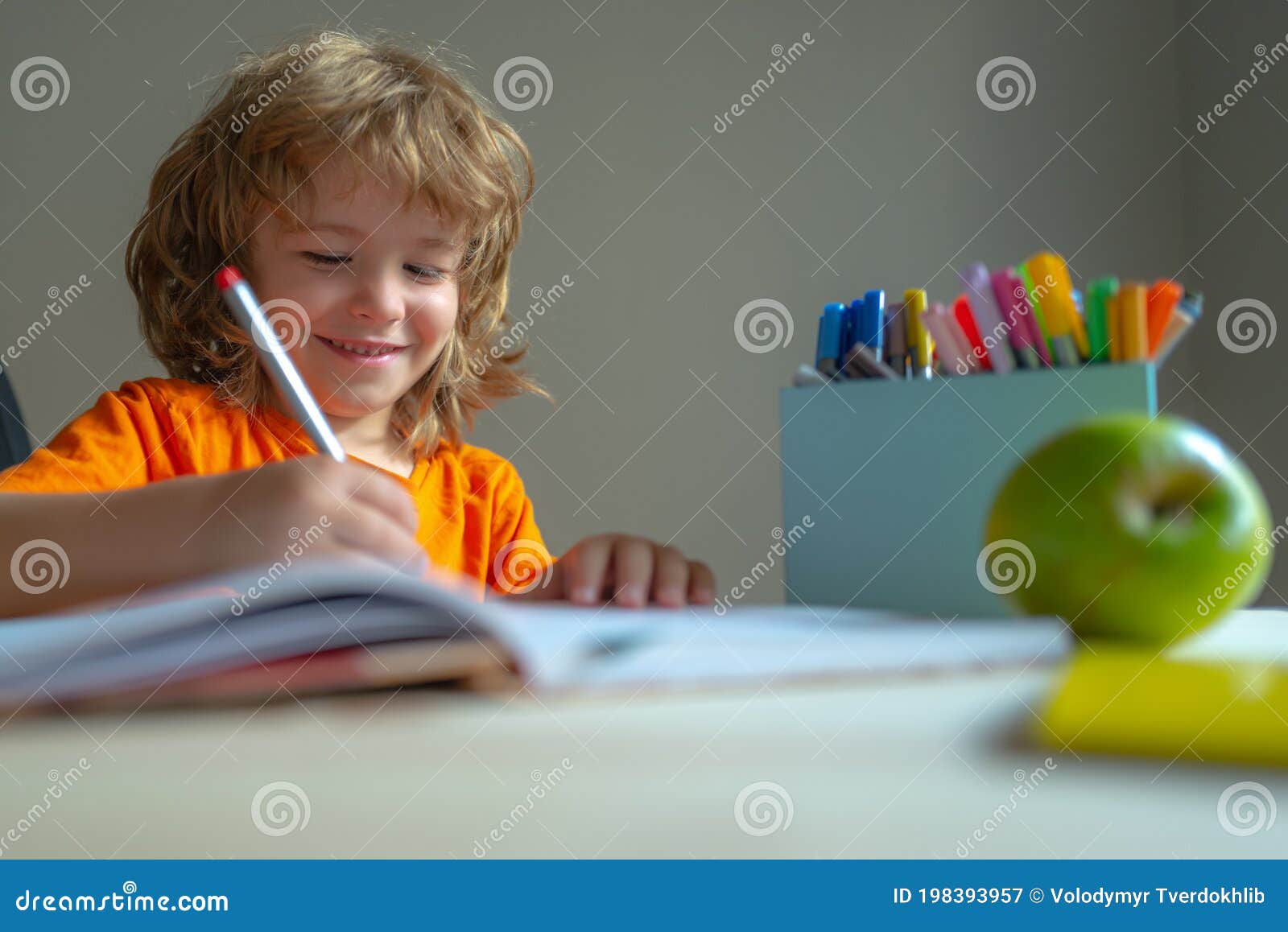 Little Kid Boy is Doing His Homework for Elementary School. Stock Image ...