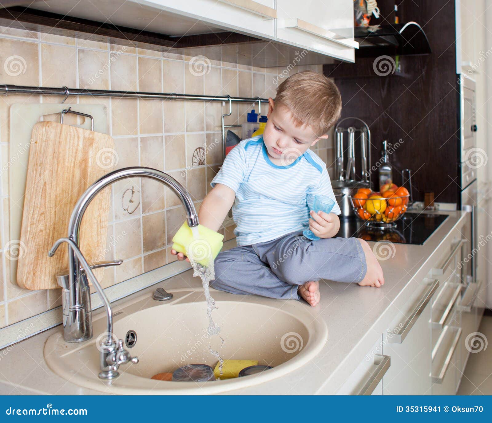 Little Kid Boy Washing Dish on Kitchen Stock Image - Image of funny ...