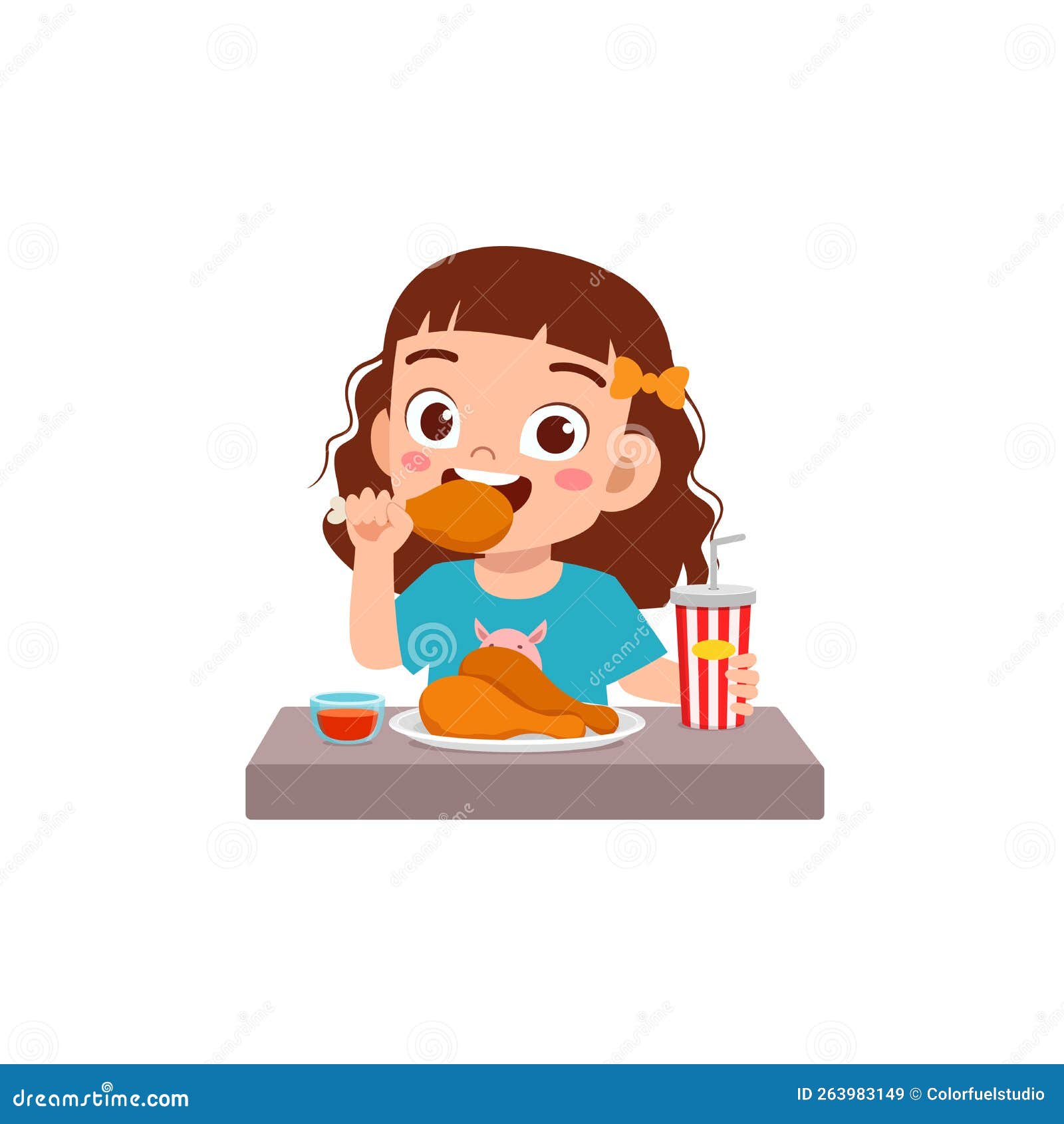 Little Kid Eat Chicken Drumstick and Feel Happy Stock Vector - Illustration of meal, fork: 263983149