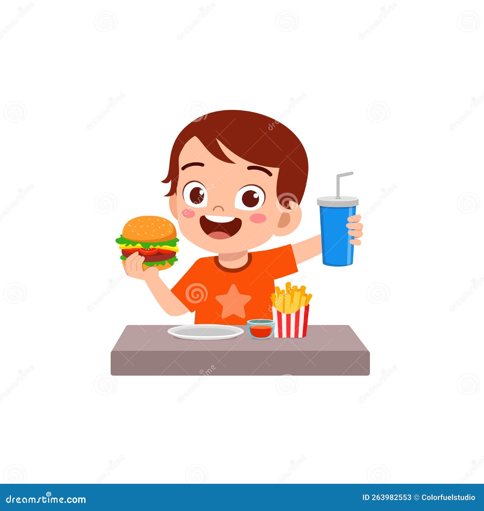 Little Kid Eat Hamburger and Feel Happy Stock Vector - Illustration of ...