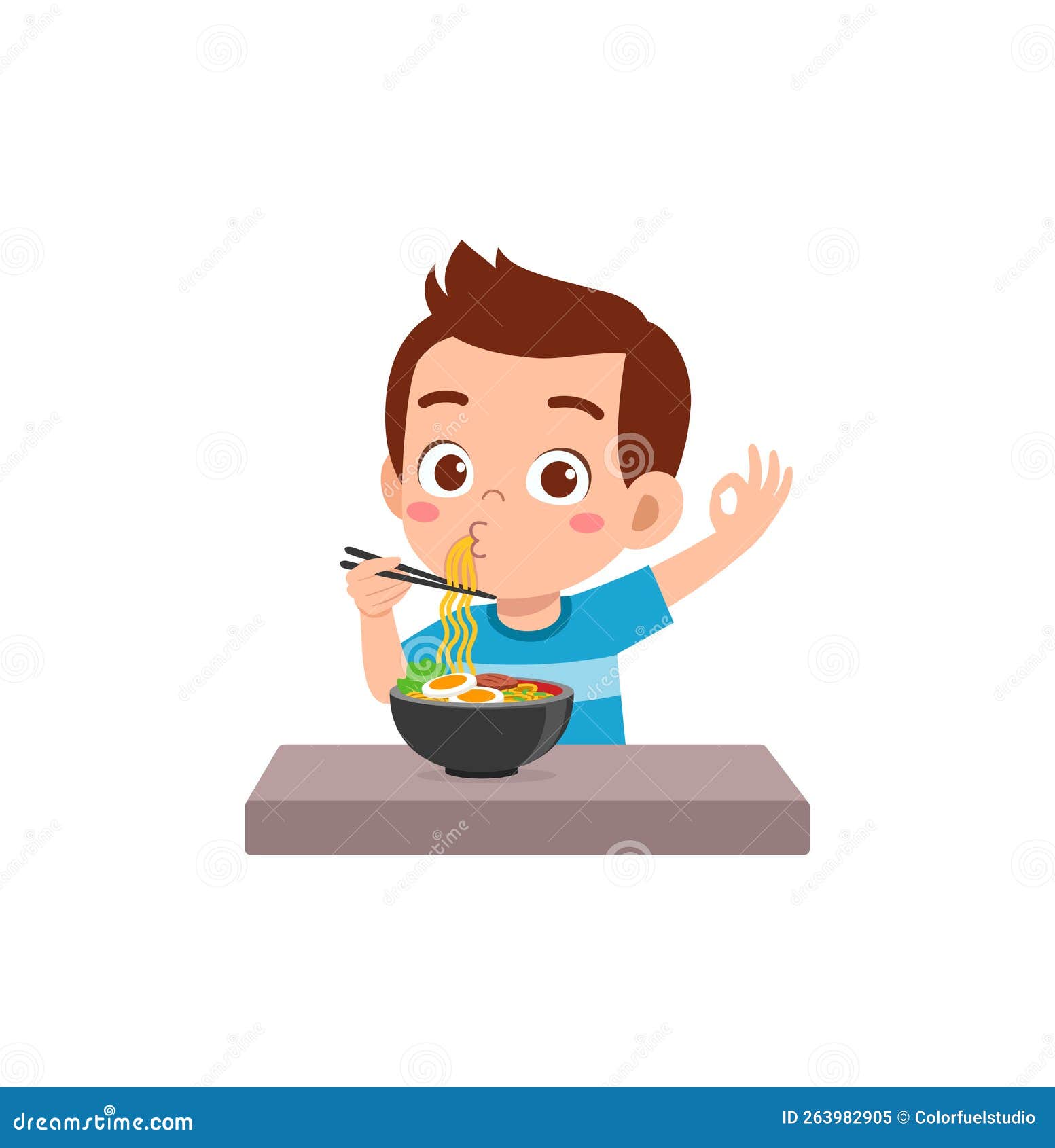 Little Kid Eat Ramen and Feel Happy Stock Vector - Illustration of ...