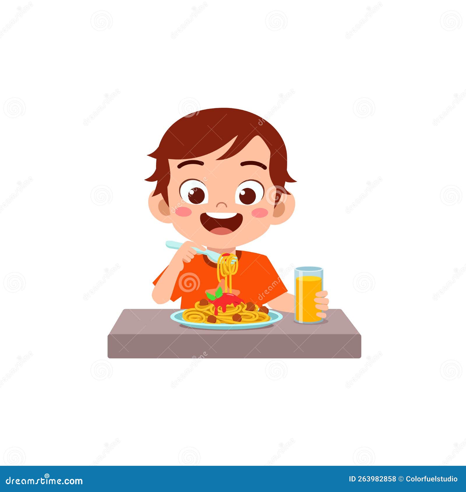 Little Kid Eat Spaghetti and Feel Happy Stock Vector - Illustration of ...