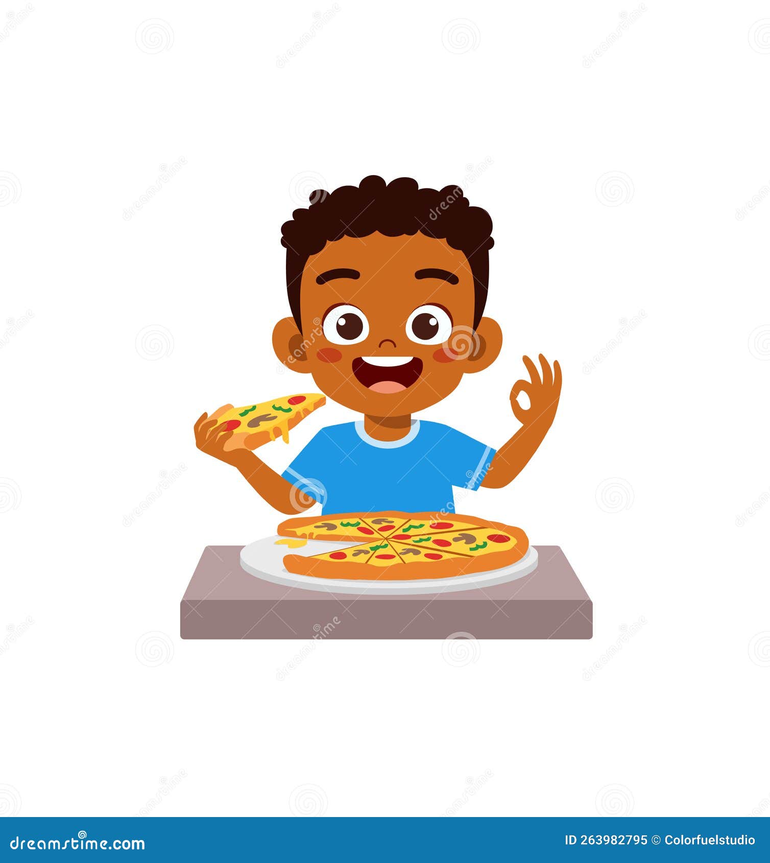 Little Kid Eating Pizza and Feel Happy Stock Vector - Illustration of ...
