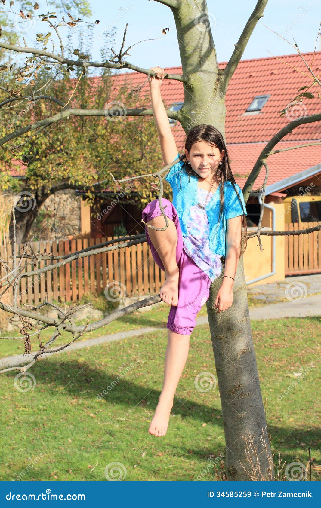 Little Kid - Girl Sitting on Tree Stock Image - Image of hang, hair ...