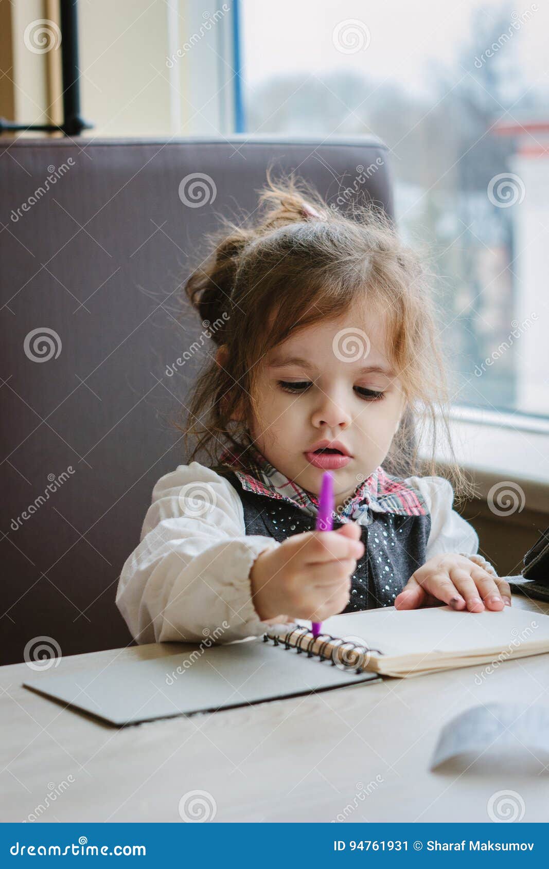 Little Kid Girl Writing or Drawing with Pen in Scetch Book Stock Image ...