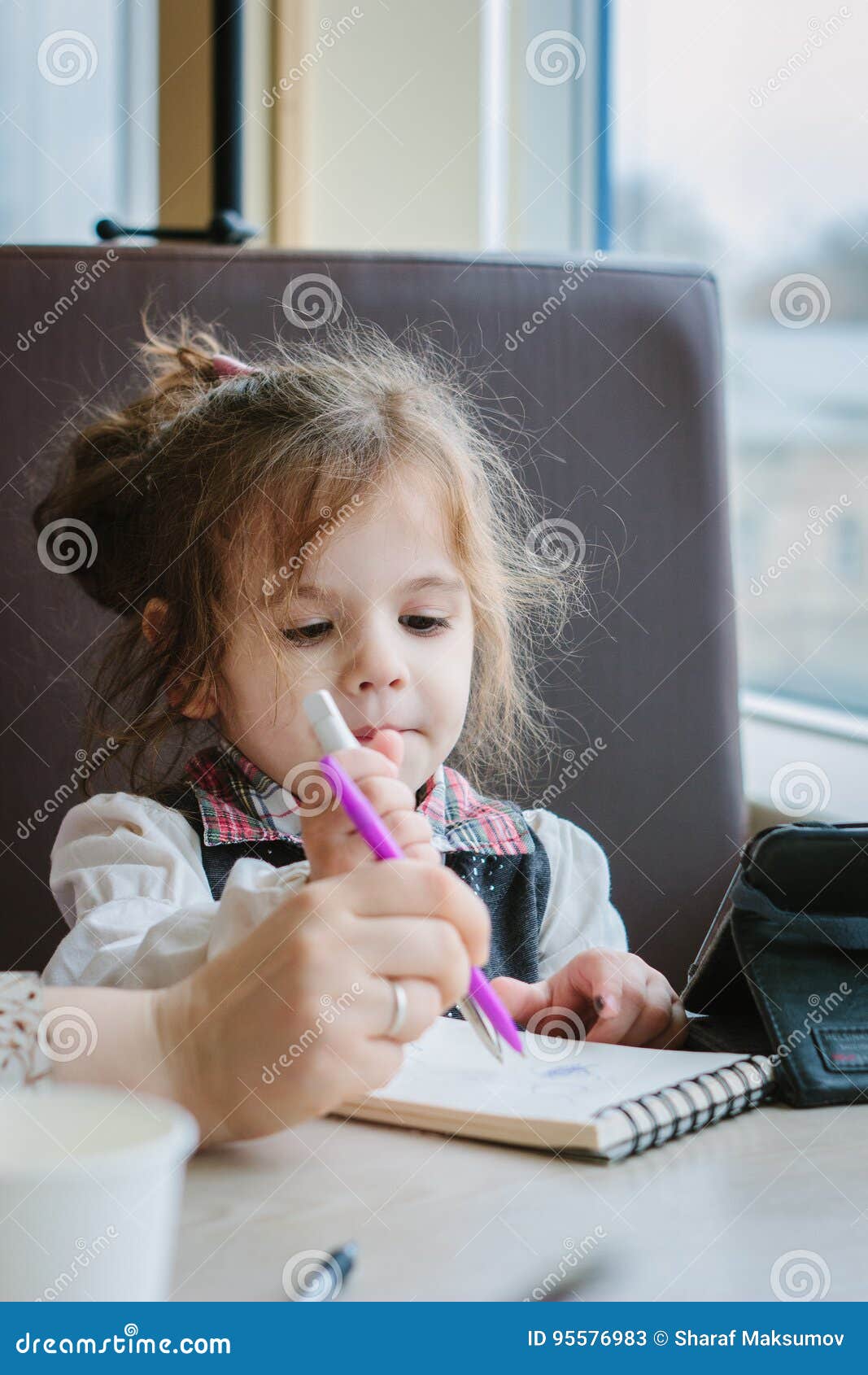 Little Kid Girl Writing or Drawing with Pen in Scetch Book Stock Image ...