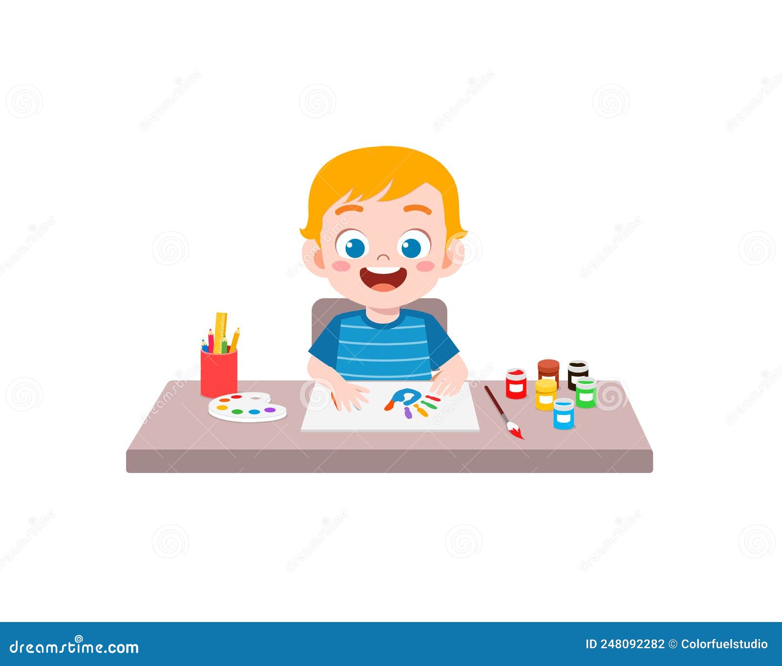 Little Kid Make Painting with Hand Stamp Stock Illustration ...