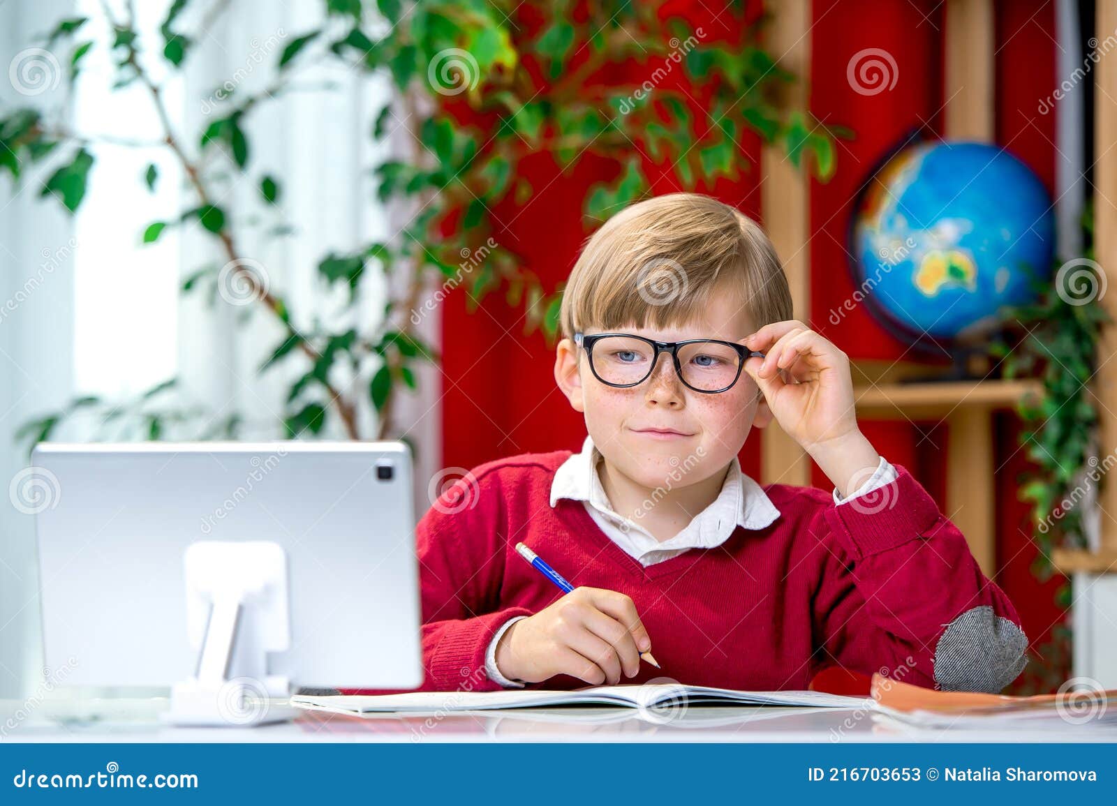 Little Kid Making School Homework on Computer. Child Learning on Pc ...