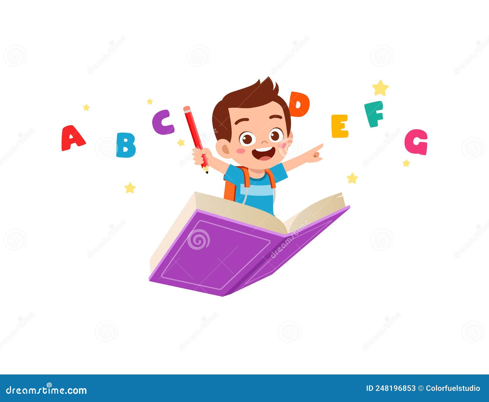 Little Kid Riding a Book and Fly Stock Illustration - Illustration of ...