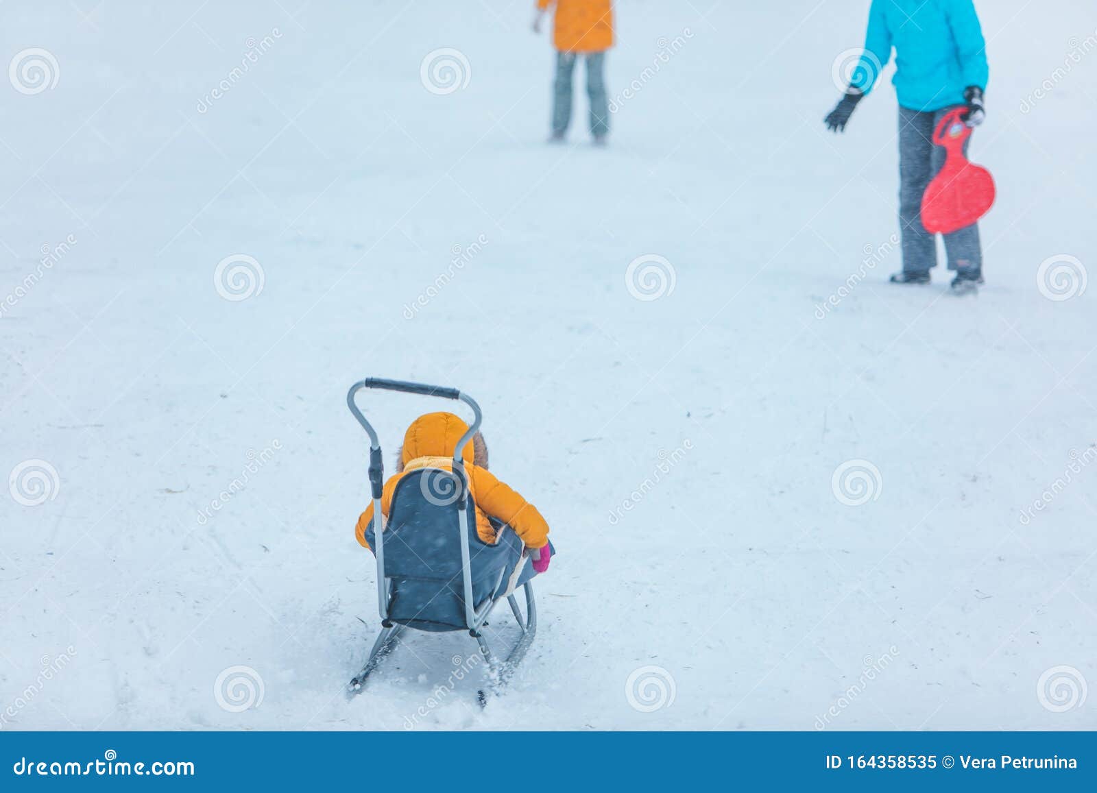 Little Kid at Sledge Sliding Down by Winter Hill Stock Image - Image of ...