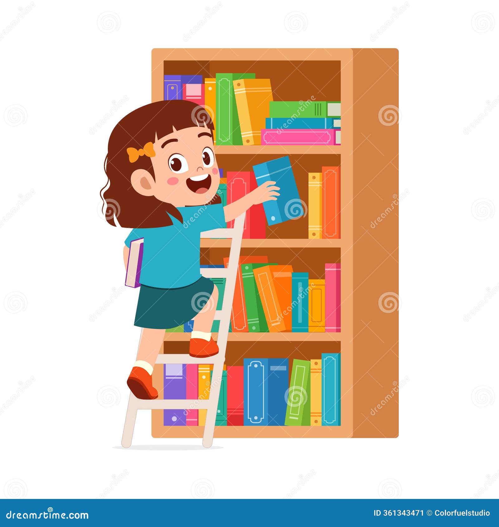 Little Kid Take a Book from Bookshelf Using Ladder Stock Vector ...