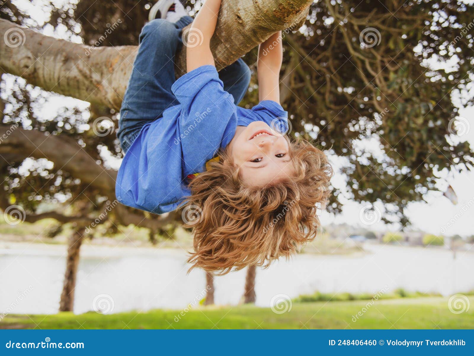 Little Kid on a Tree Branch. Baby Boy Climbs a Tree. Stock Photo ...