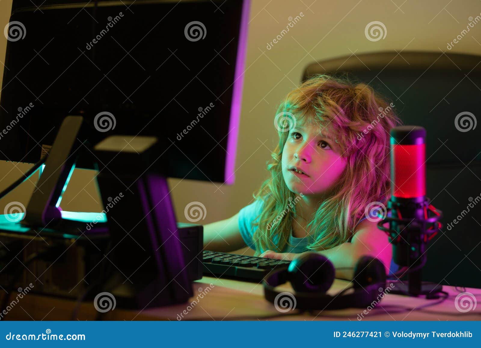 Little Kid Using Desktop Pc by Night, Child Boy Illuminated by the Blue ...