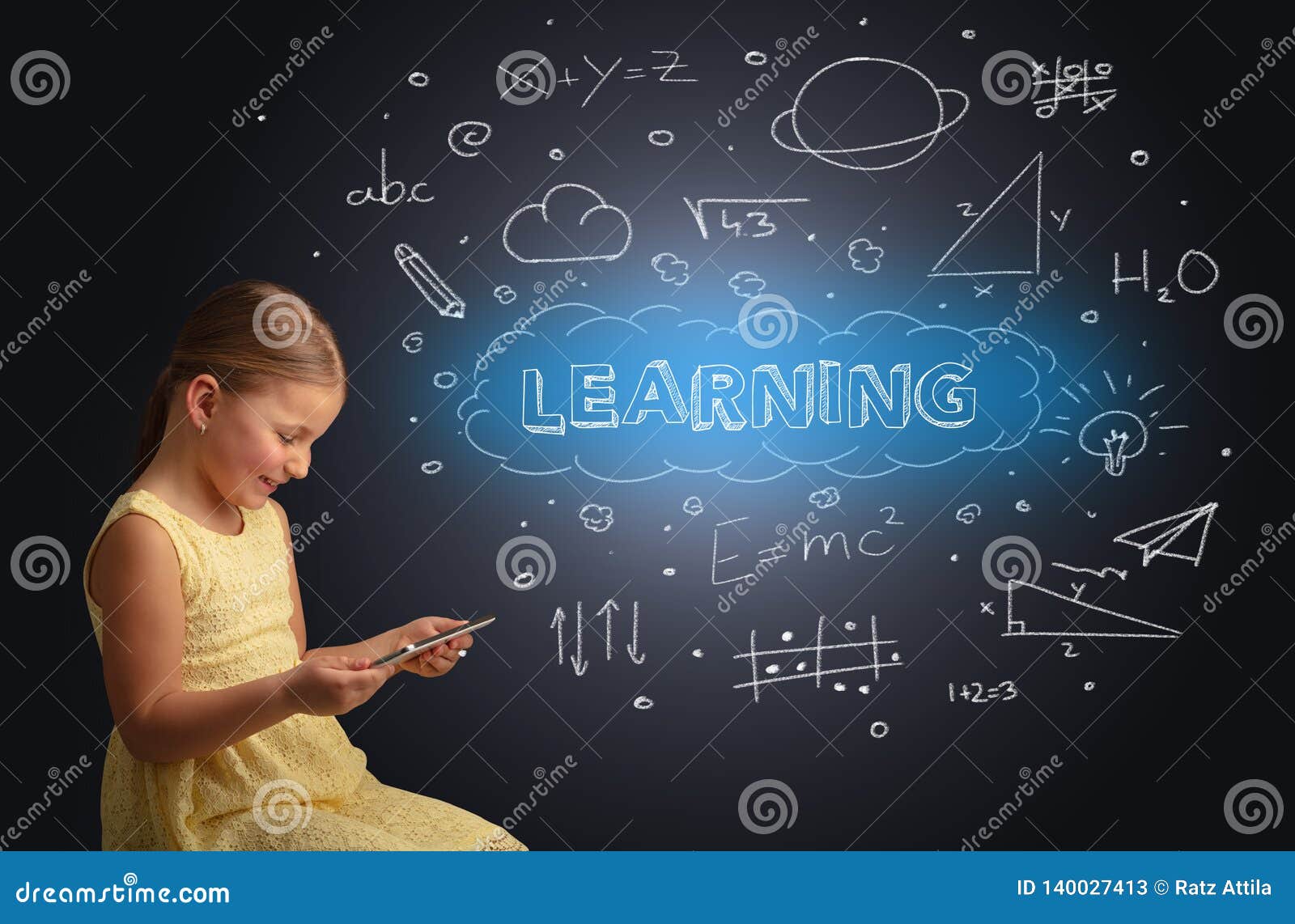 Little Kid Using on Tablet with Educational Concept Stock Illustration ...