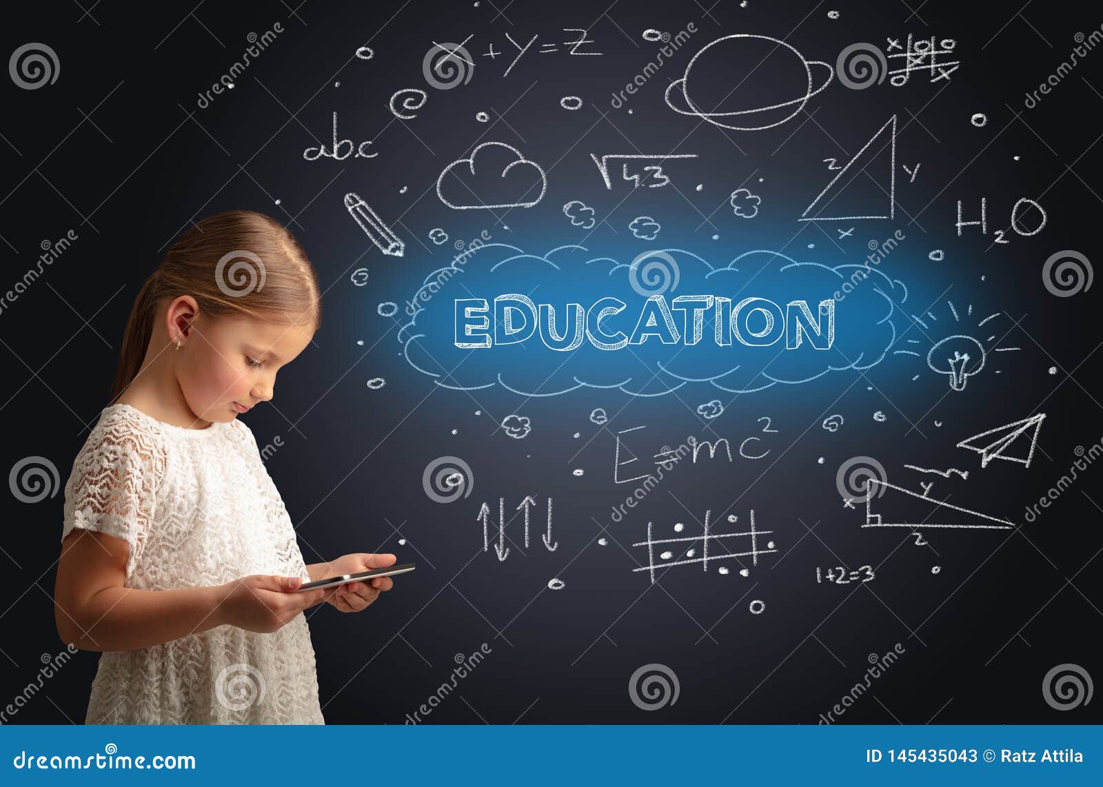 Little Kid Using on Tablet with Educational Concept Stock Illustration ...