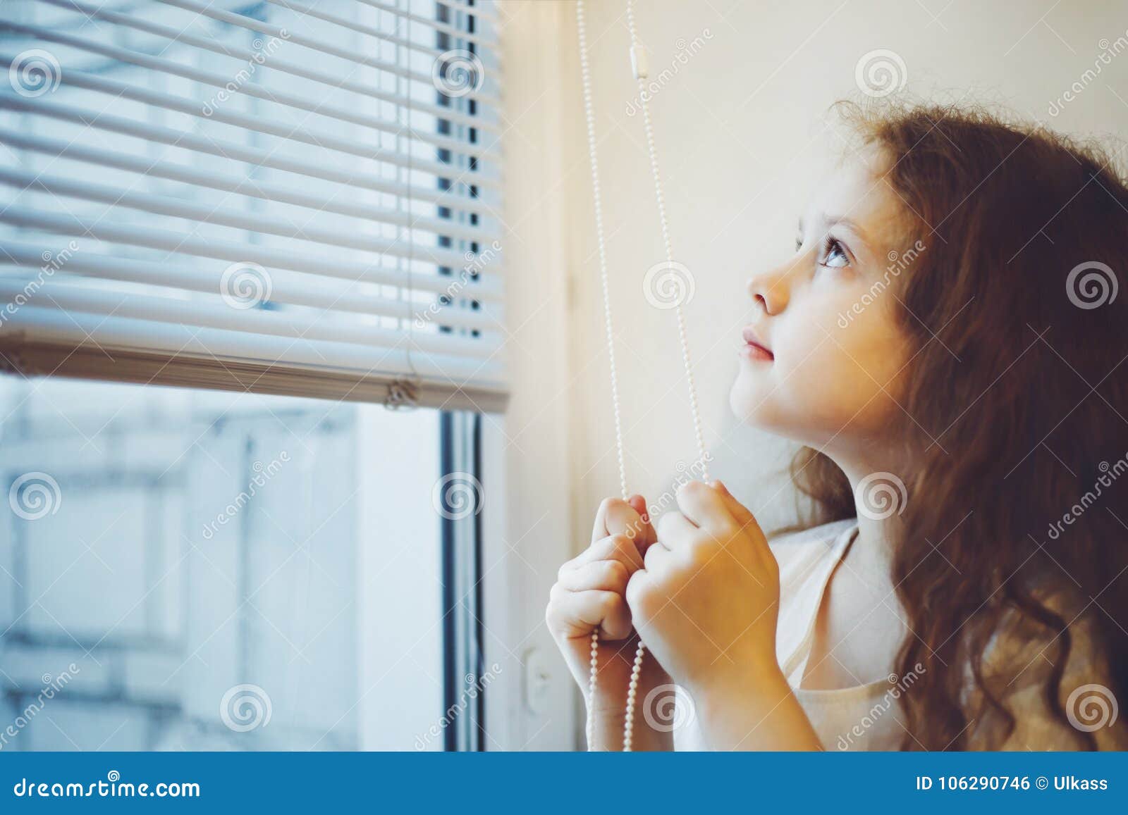 Little Kid on the Window Blinds Open. Stock Photo - Image of open ...