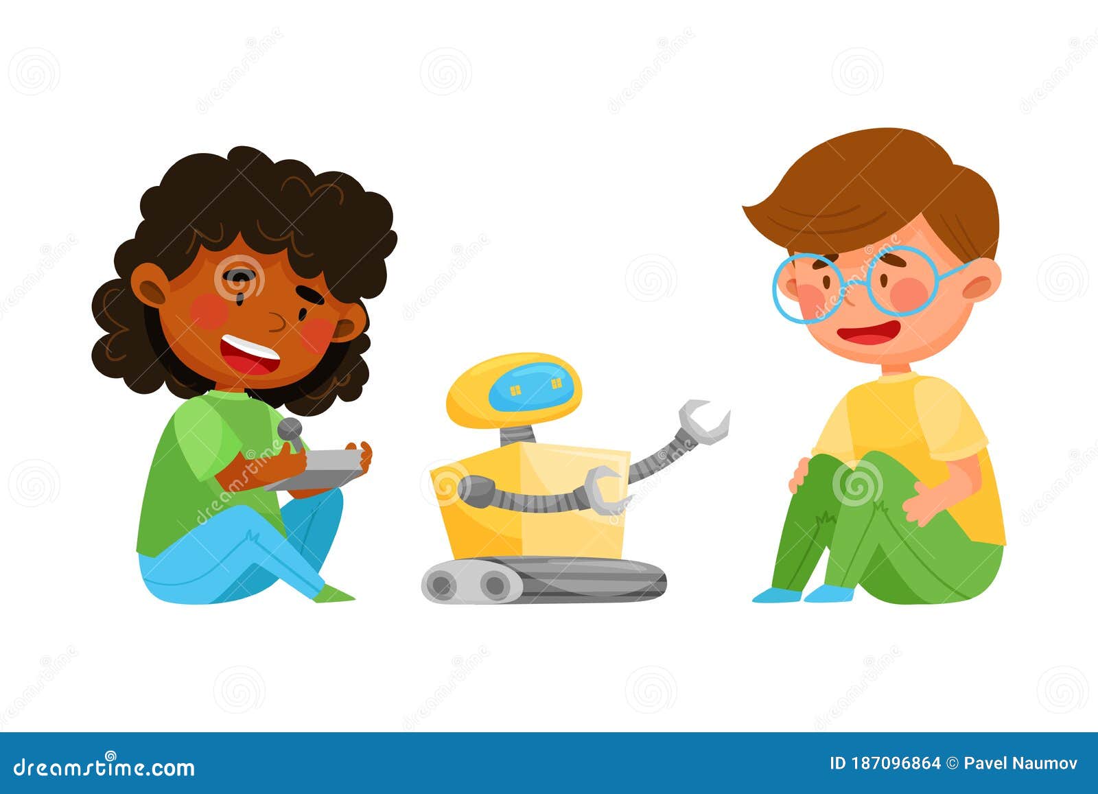 Little Kids Controlling Robot with Control Panel Vector Illustration ...