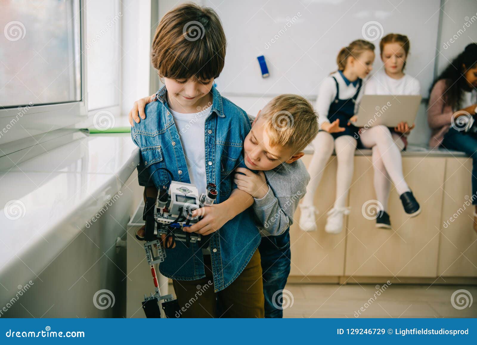 Little Kids with Diy Robot Embracing Stock Image - Image of ...