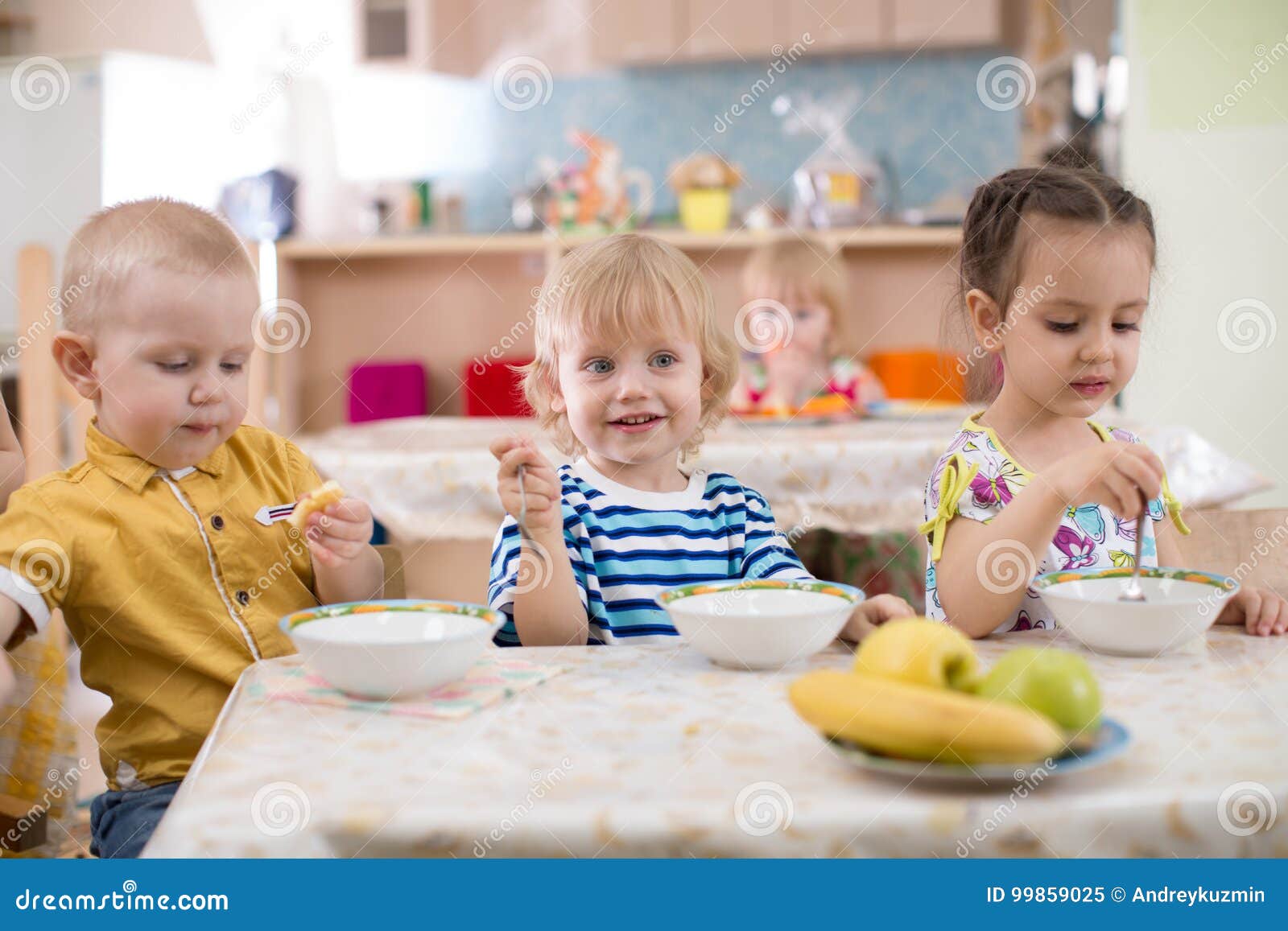 Little Kids Eating in Kindergarten Stock Image - Image of feeding ...