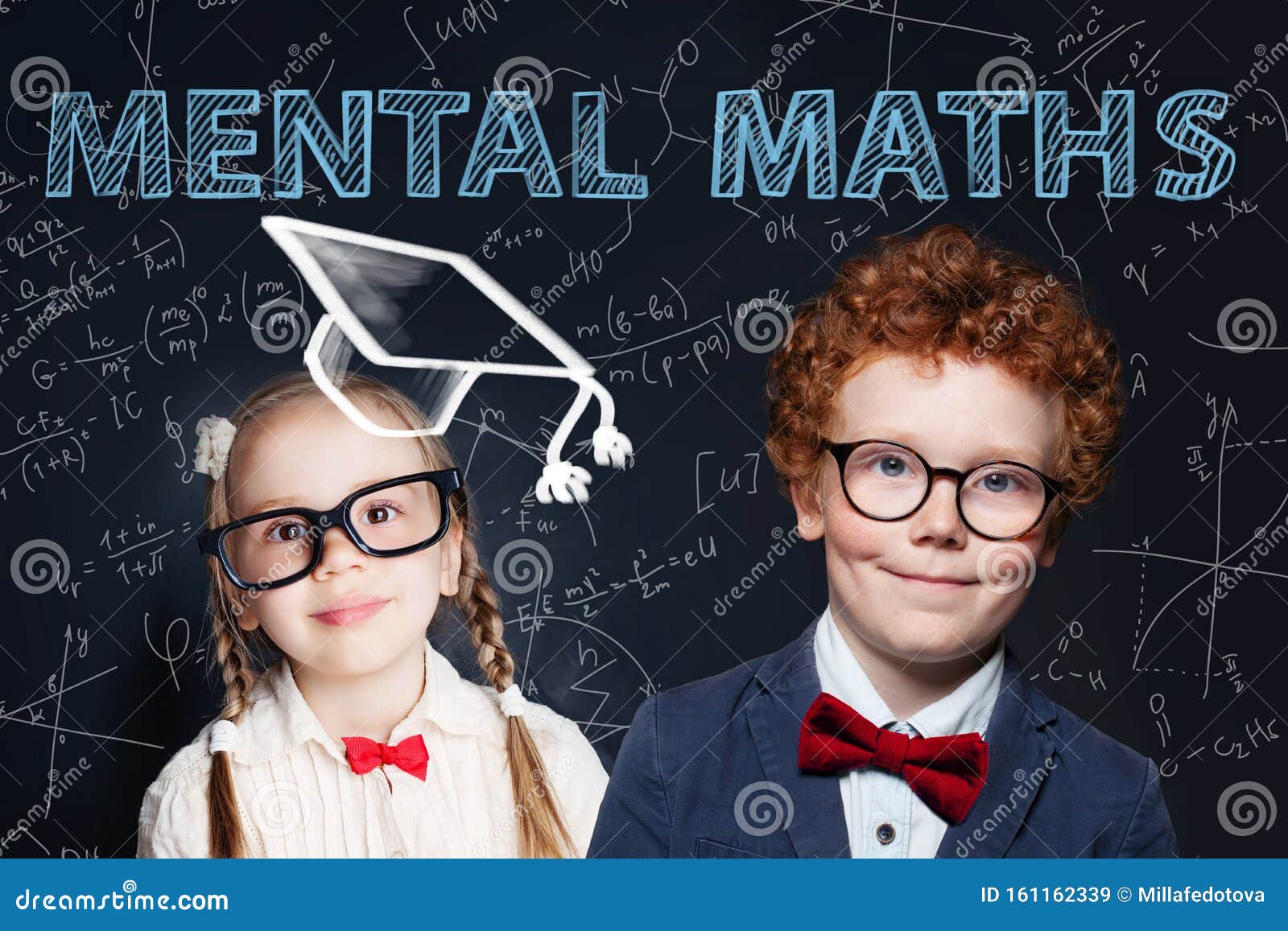 Mental Maths Concept With Little Kids Student On Blackboard Background ...
