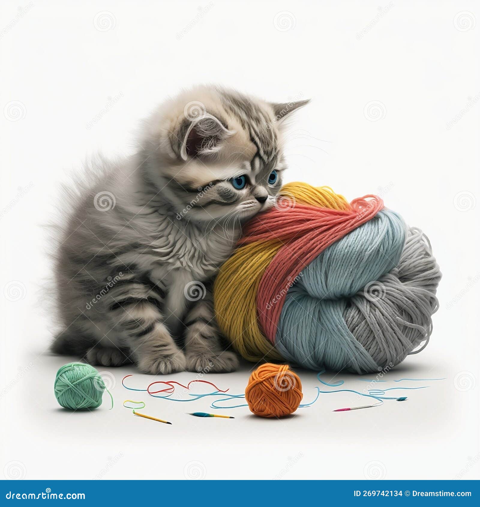 Little Kitten Playing with a Ball of Wool Stock Illustration ...