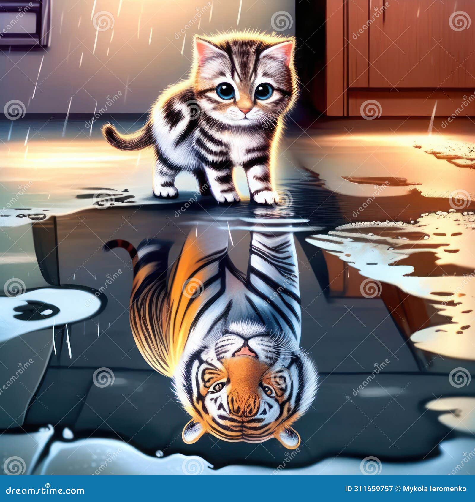 Little Kitten Seeing in the Reflection of a Puddle of a Big Tiger ...