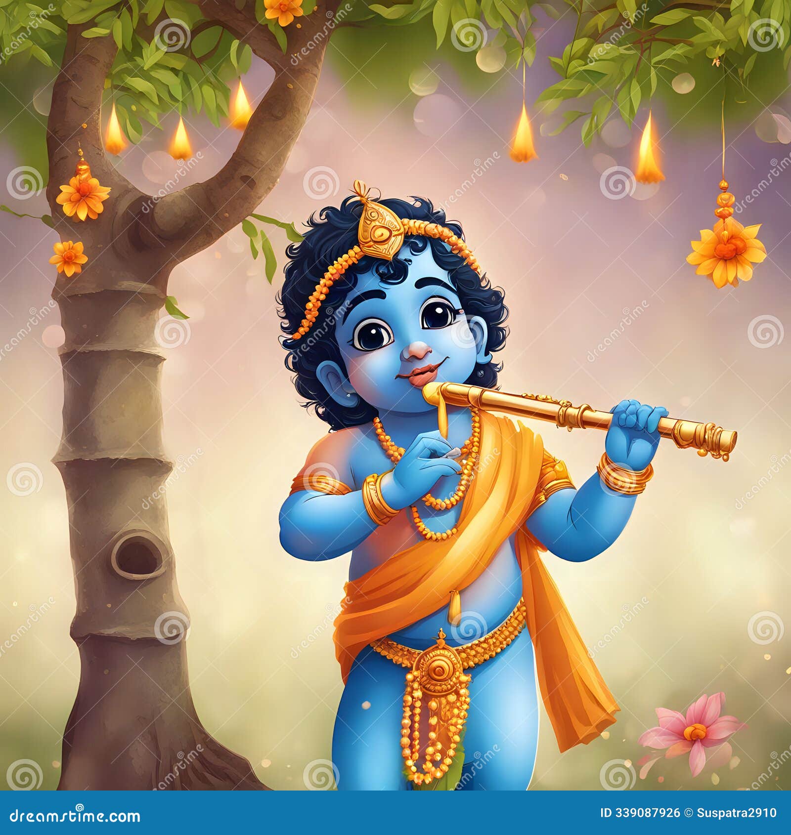 Little Krishna Playing Bansuri Flute On Janmashtami Background Cartoon ...