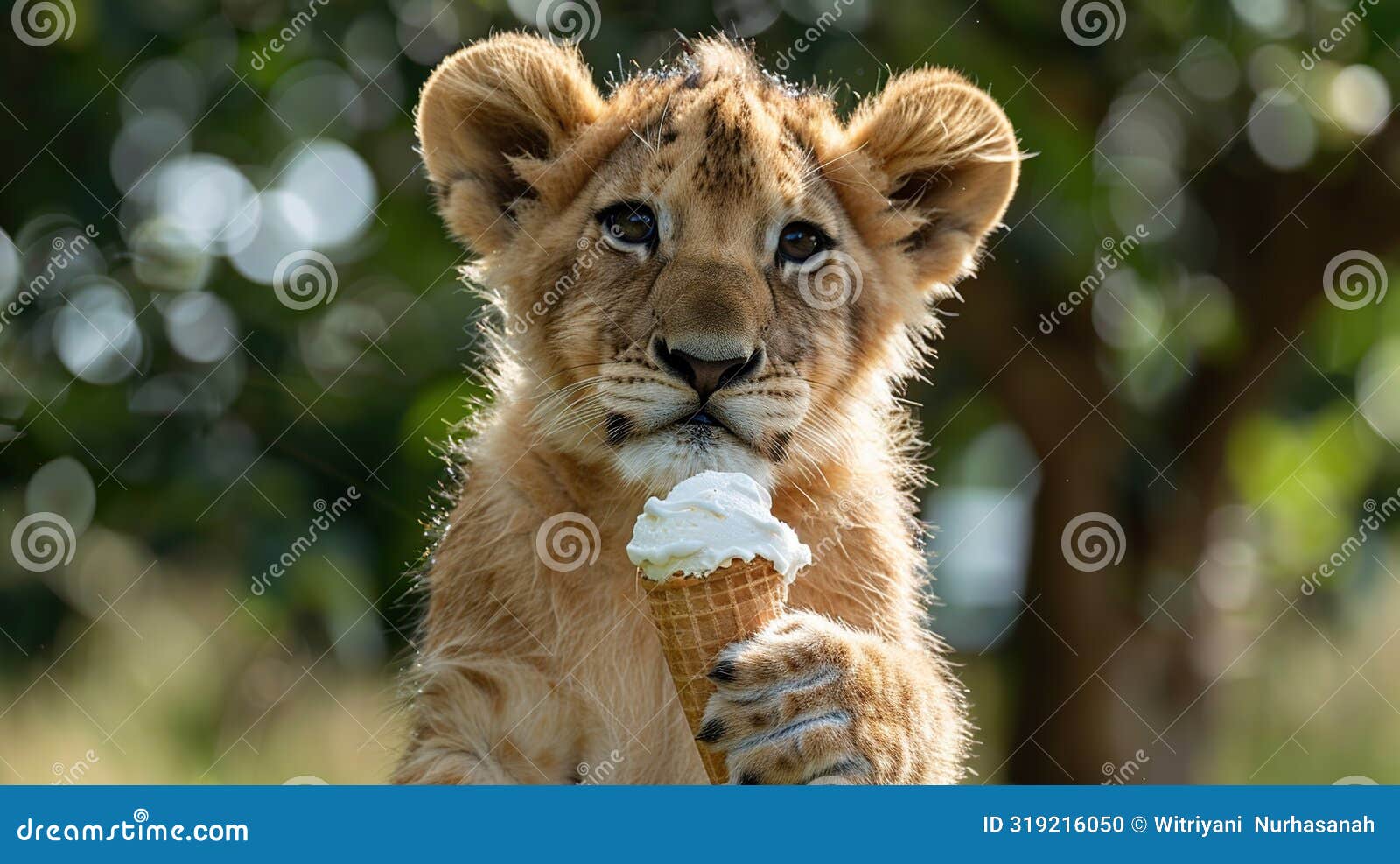 Little Lion Holding Ice Cream Cone. Generative Ai Stock Illustration ...