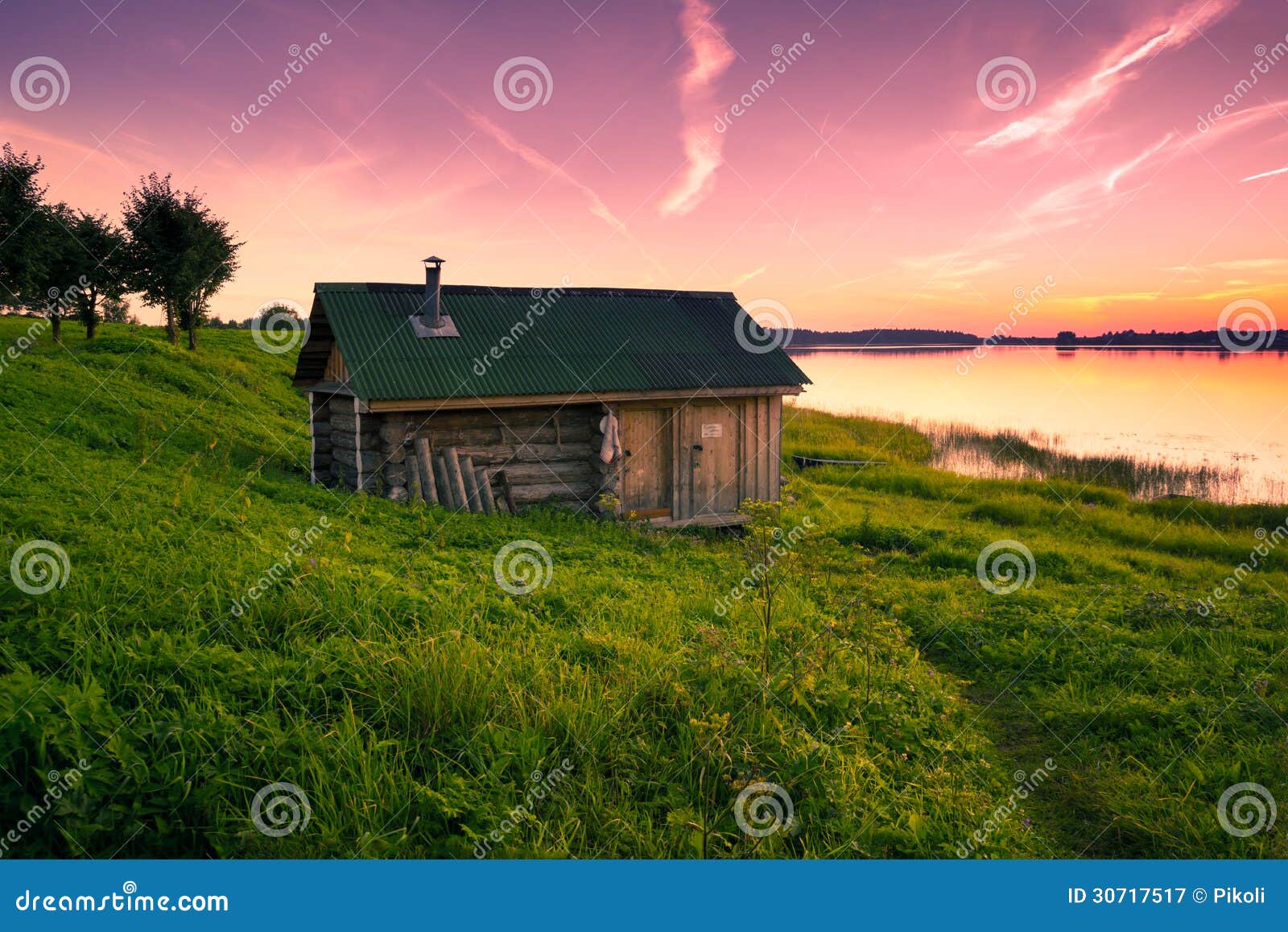 Little Lone House on Banks of the River at Sunset in Silence Stock ...