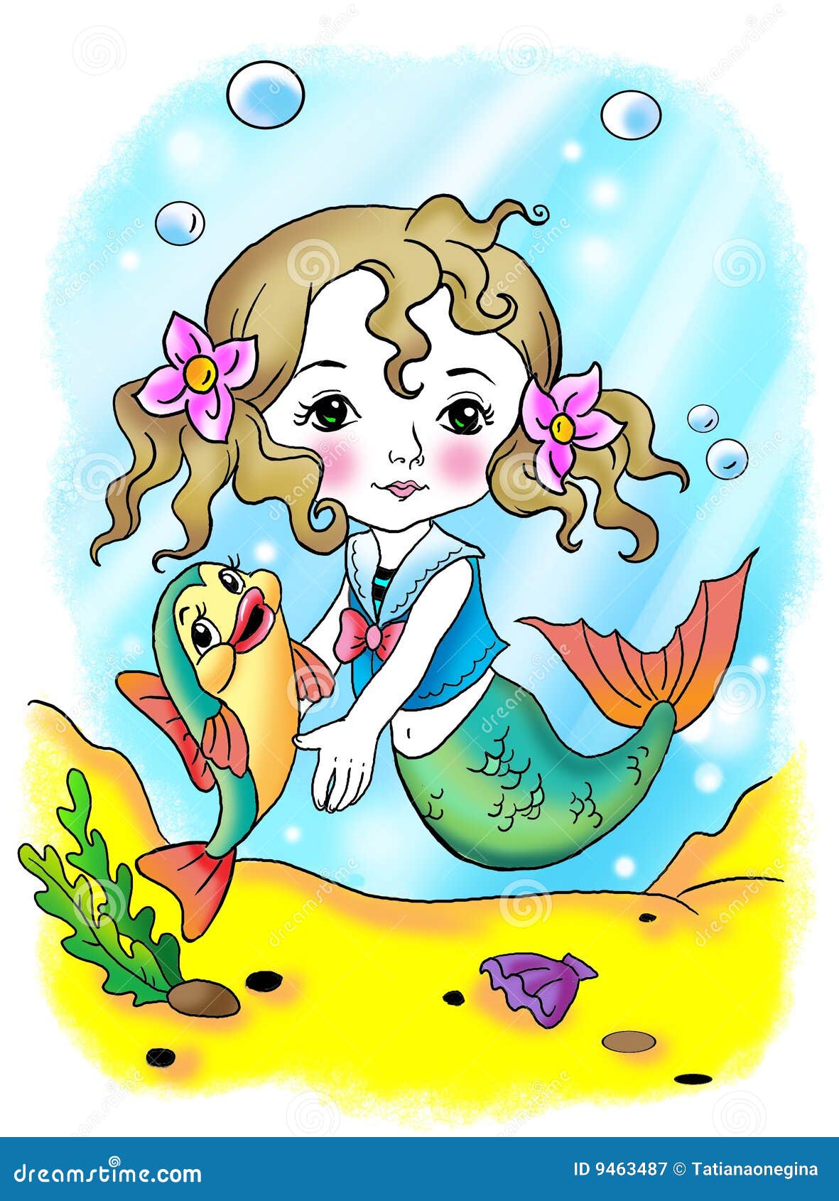 Little mermaid and fish stock illustration. Illustration of adorable ...