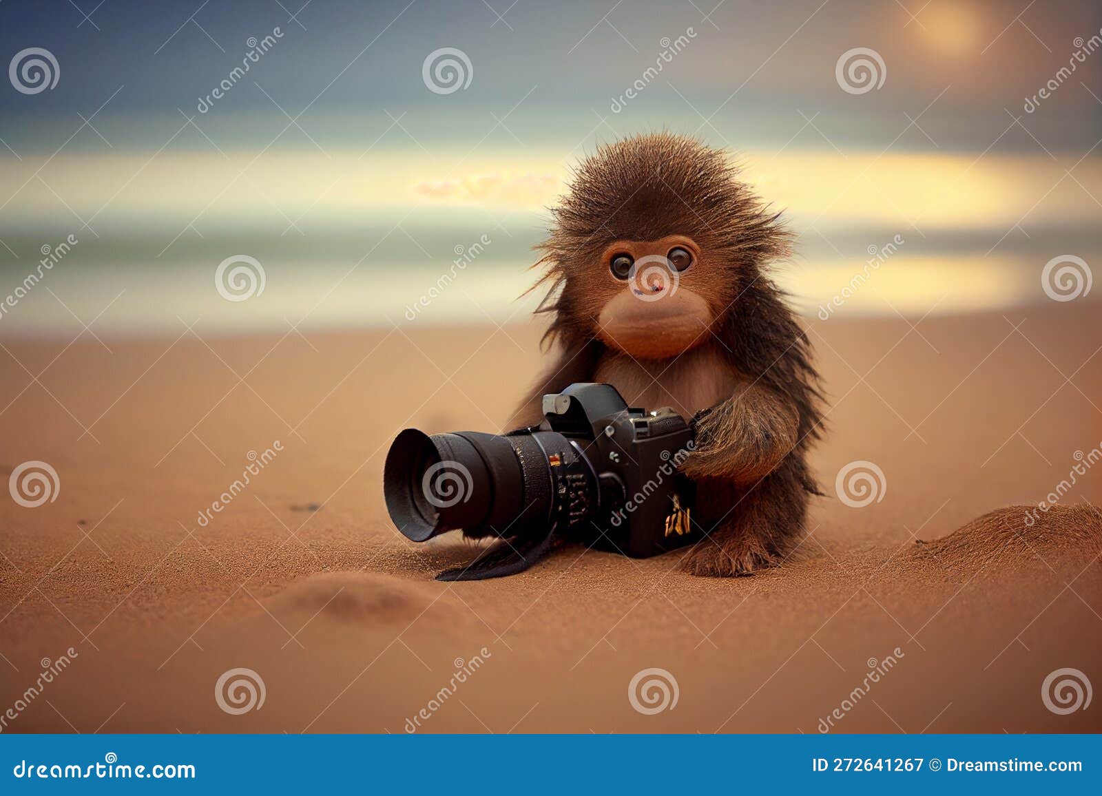 Little Monkey Photographer with Long Hair. AI Generated Stock Image ...