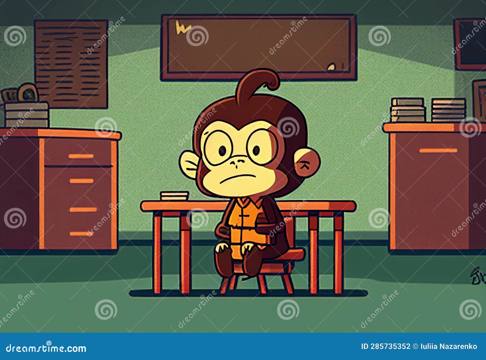 A Little Monkey Sits at a School Desk in a Cartoon Style. AI Generated ...