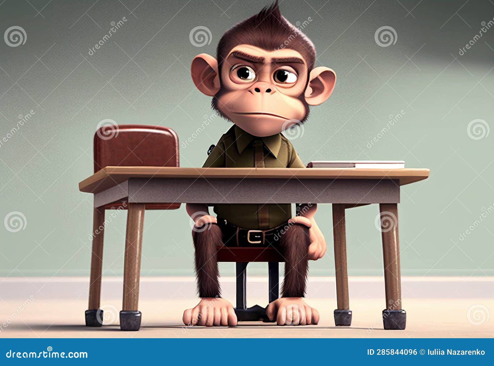 A Little Monkey Sits at a School Desk in a Cartoon Style. AI Generated ...