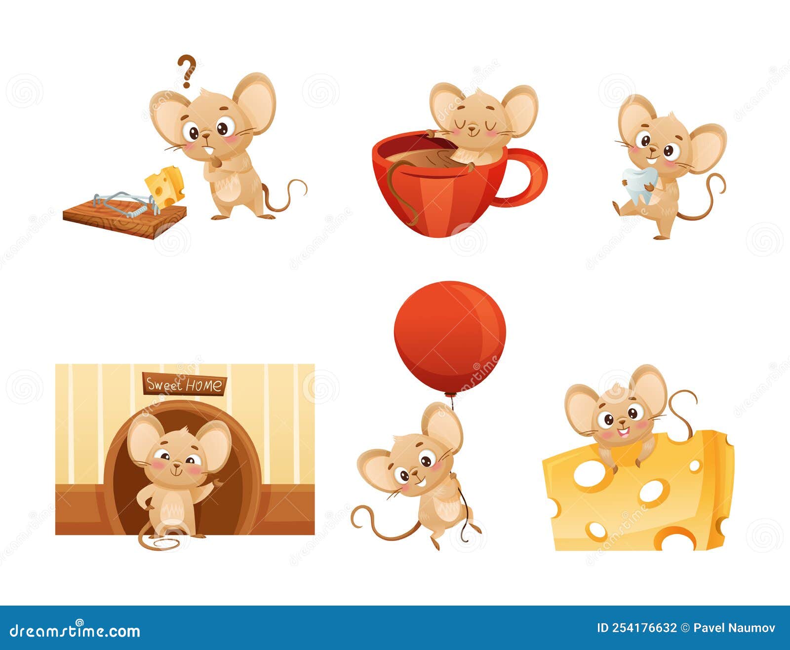 Little Mouse Character with Long Tail and Big Ears Engaged in Different ...