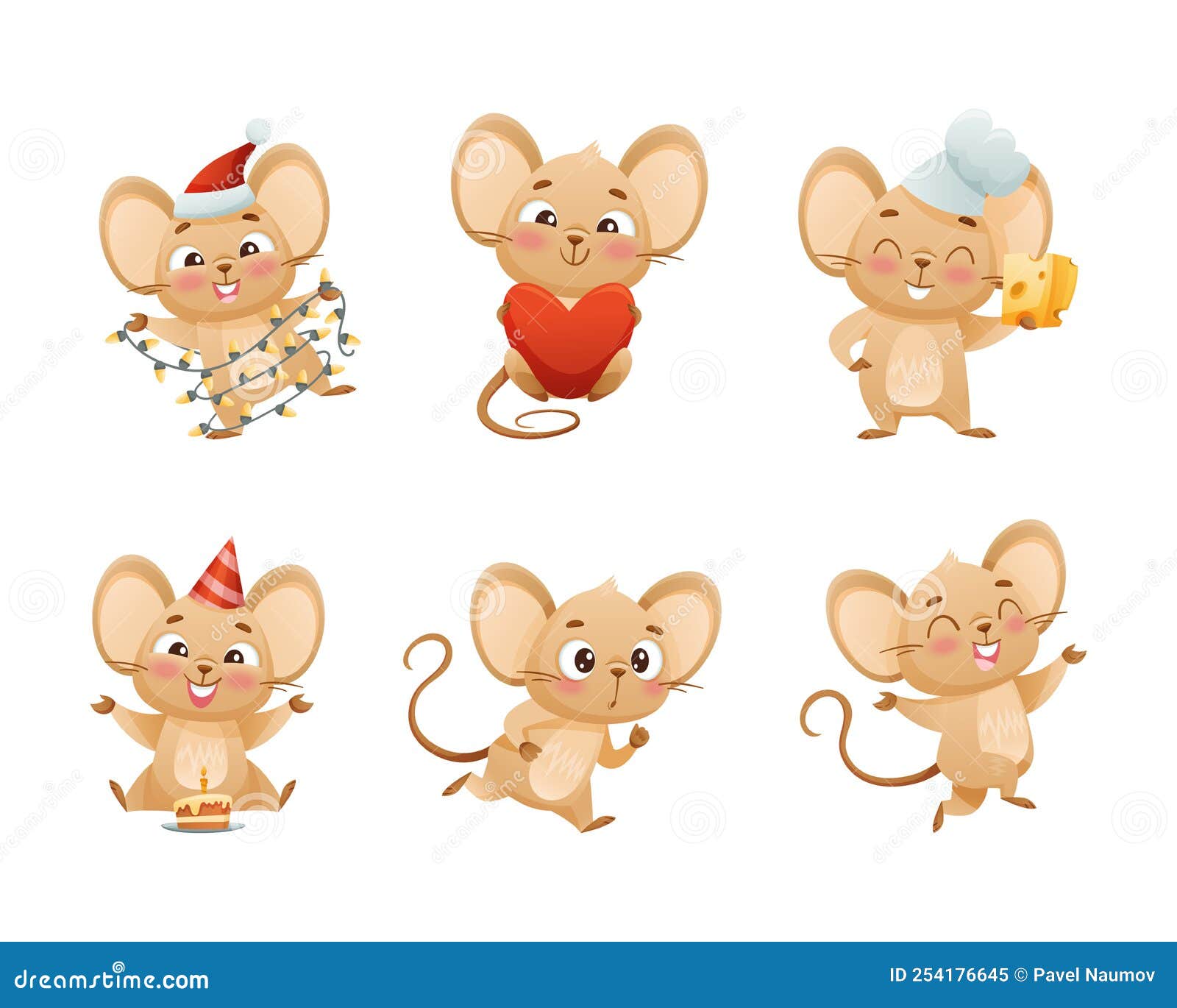 Little Mouse Character with Long Tail and Big Ears Engaged in Different ...