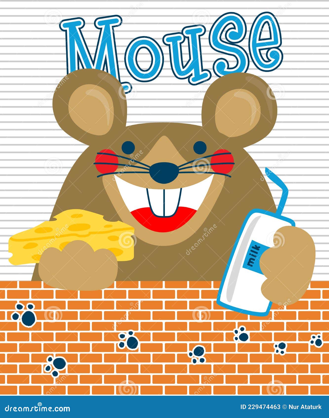 Little Mouse with Milk and Cheese on Striped Background Stock Vector ...