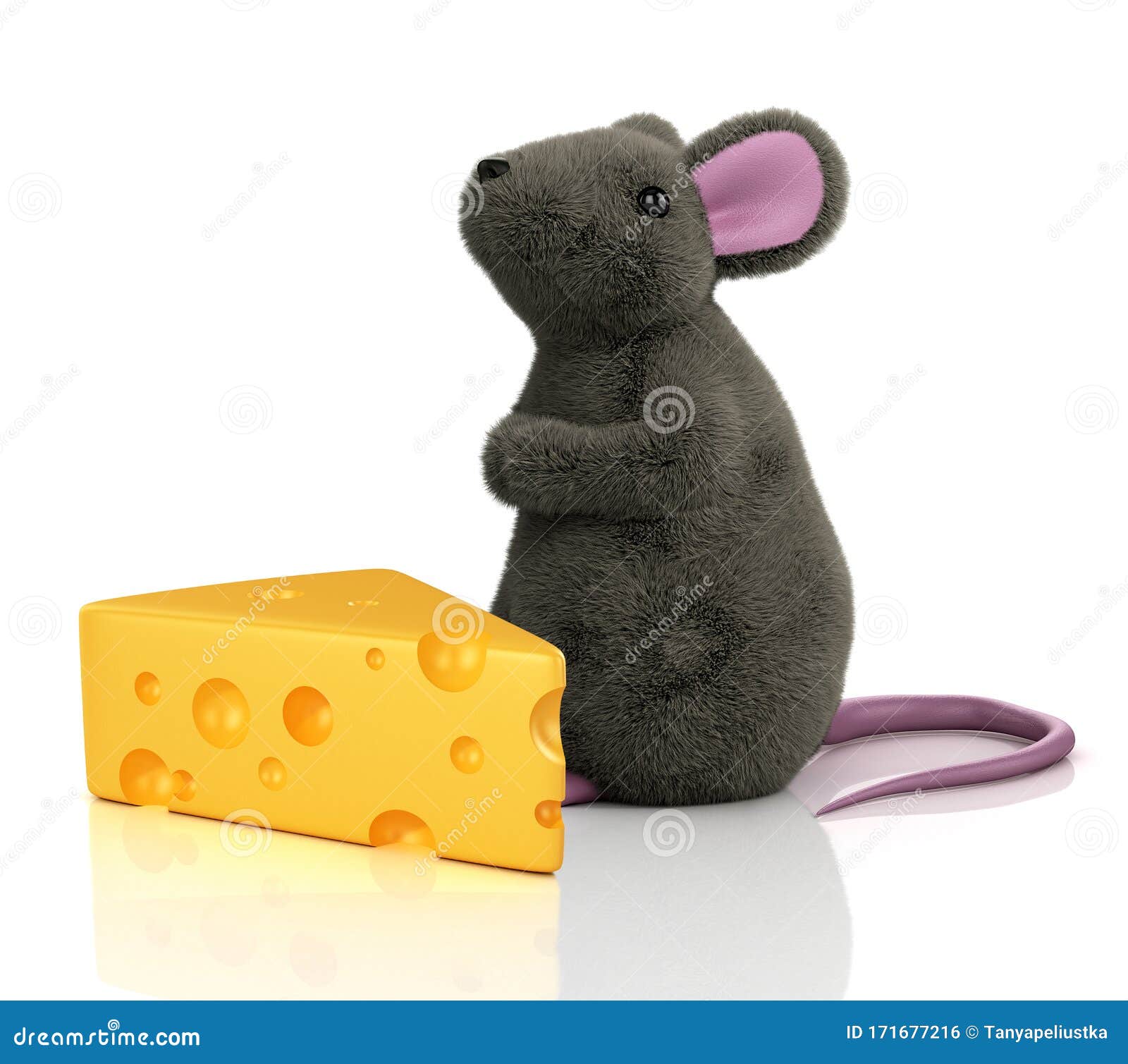 Little Mouse with Piece of Cheese. 3D Illustration Stock Illustration ...